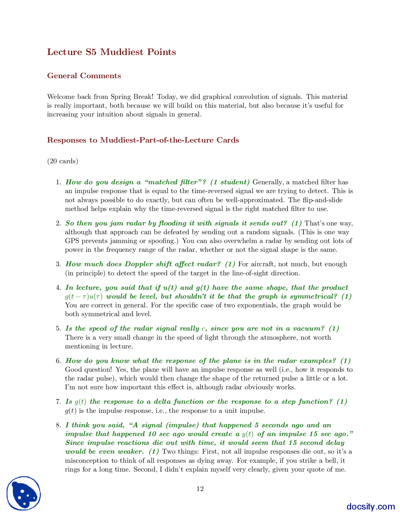 Muddiest Points Part 21 Signal And Systems Lecture Handout Docsity