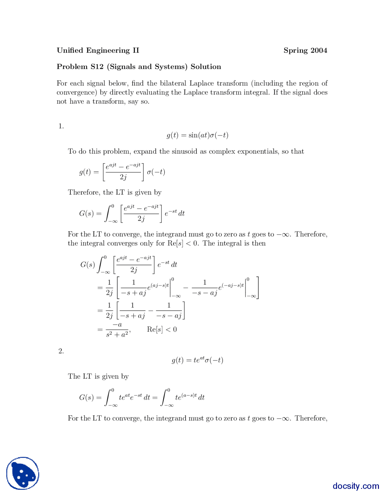 Bilateral Laplace Transform Signal And Systems Assignment Solution