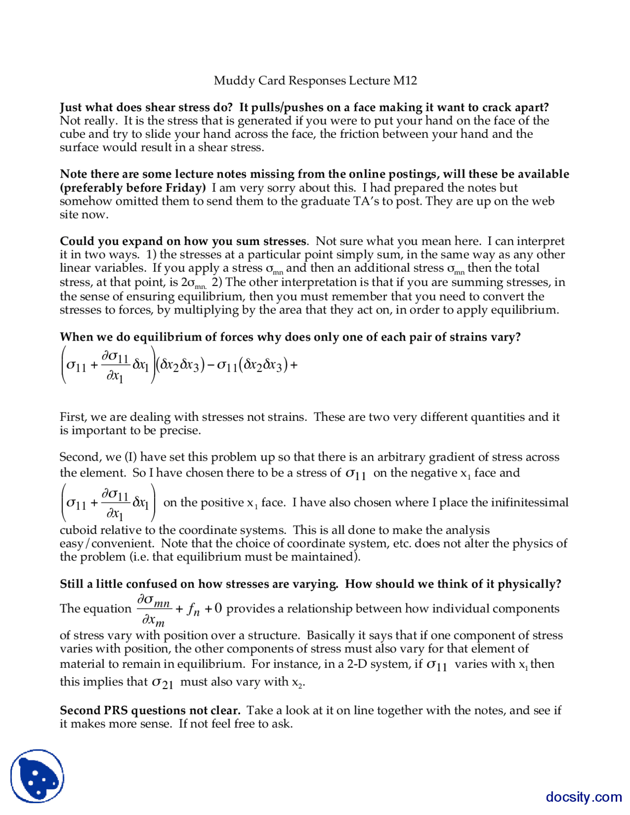 Muddy Card Responses Part 1 Concepts Of Structure Of Materials Lecture