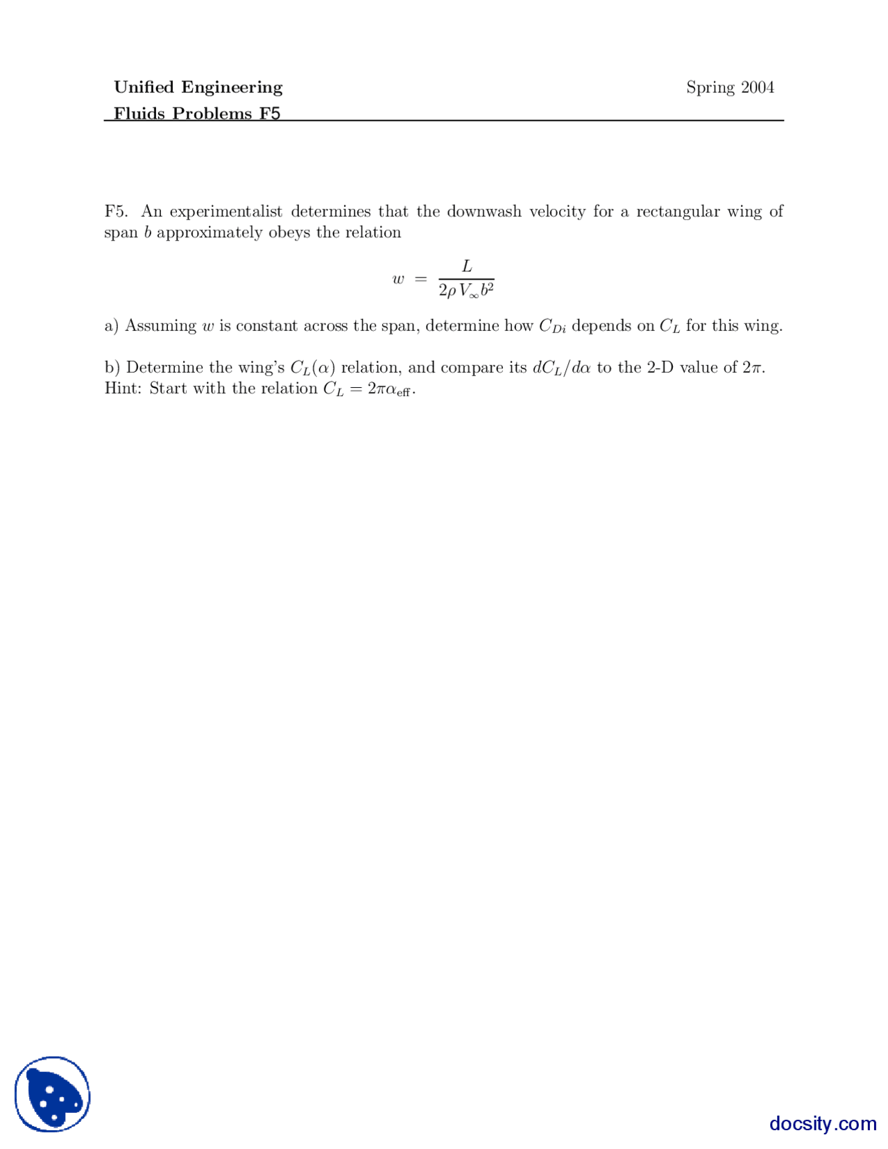 F5 Velocity of Rectangular Wing-Aeronatical Engineering And Fluid Mechanics-Assignment - Docsity
