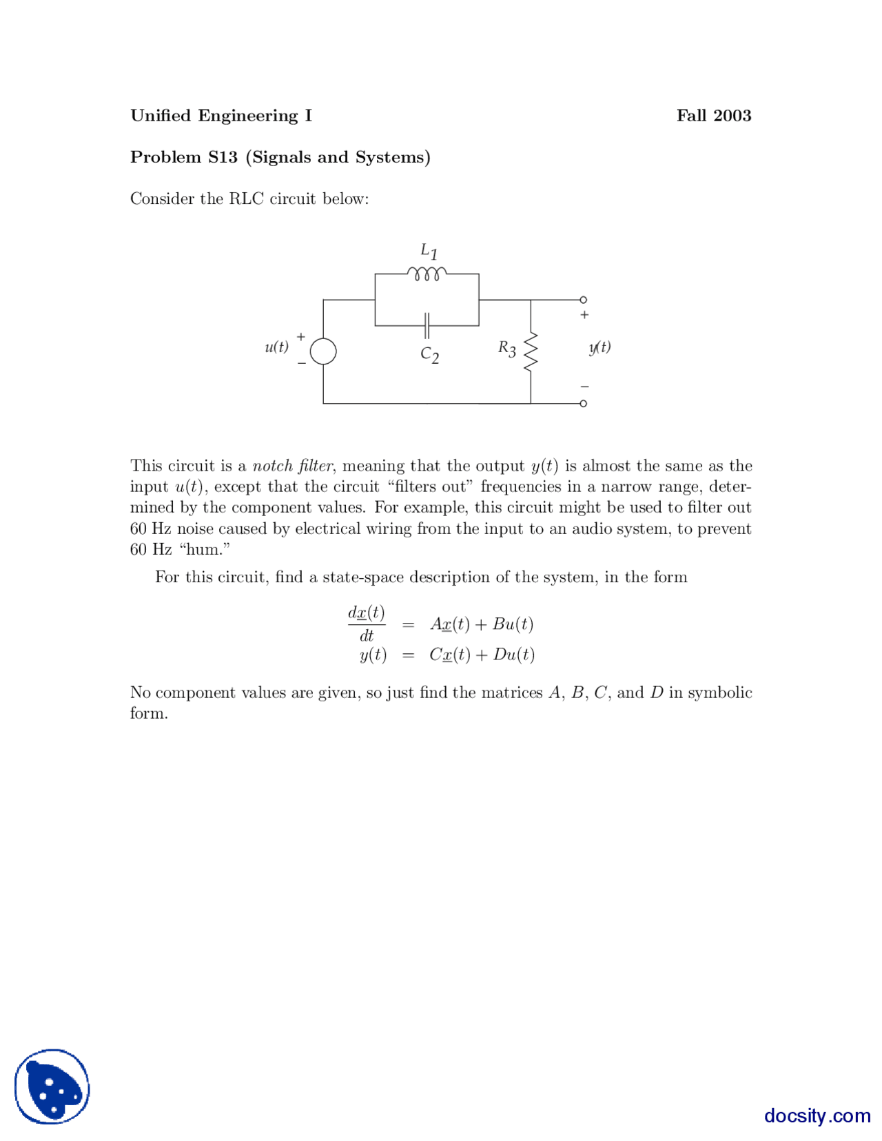 Rlc Circuits Signal And System Assignment Docsity