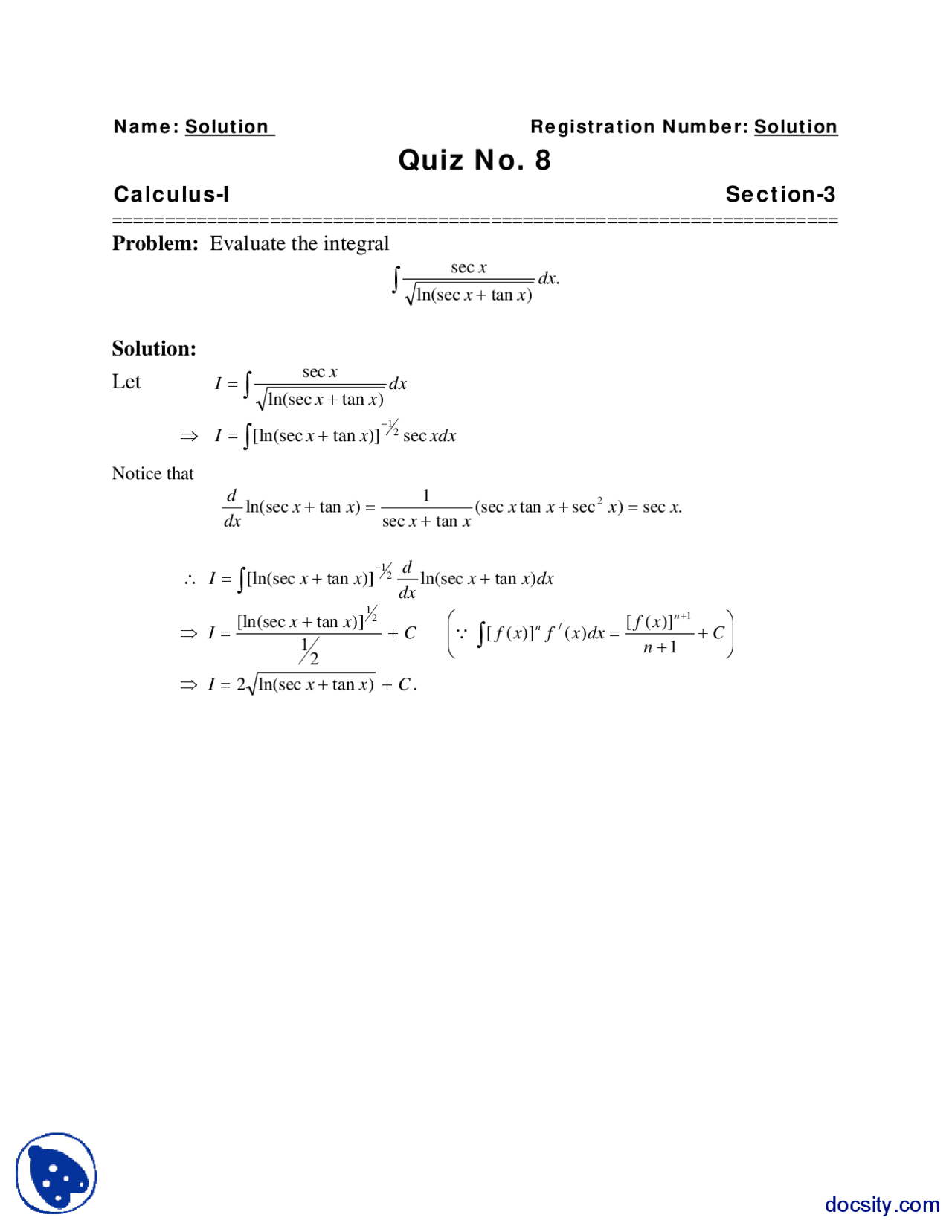 Integrals 6 Calculus Quiz Solution Docsity