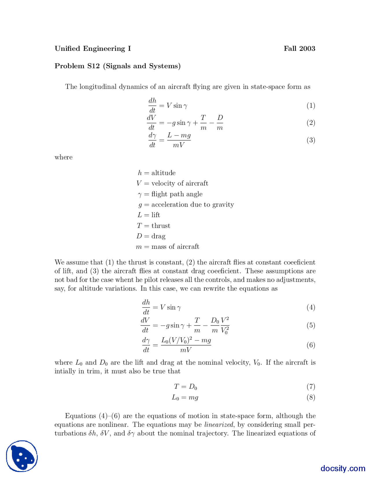 Longitudinal Dynamics Signal And System Assignment Docsity