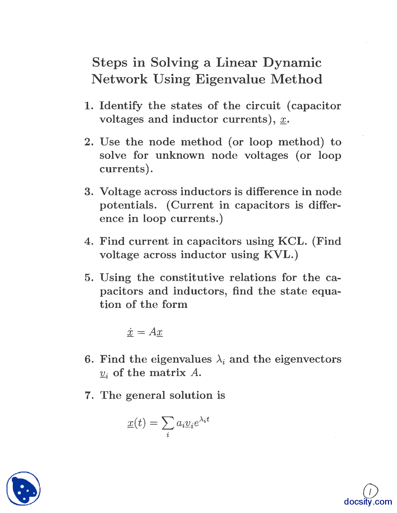 Eigan Vlaue Method-Signal and Systems-Lecture Handout - Docsity