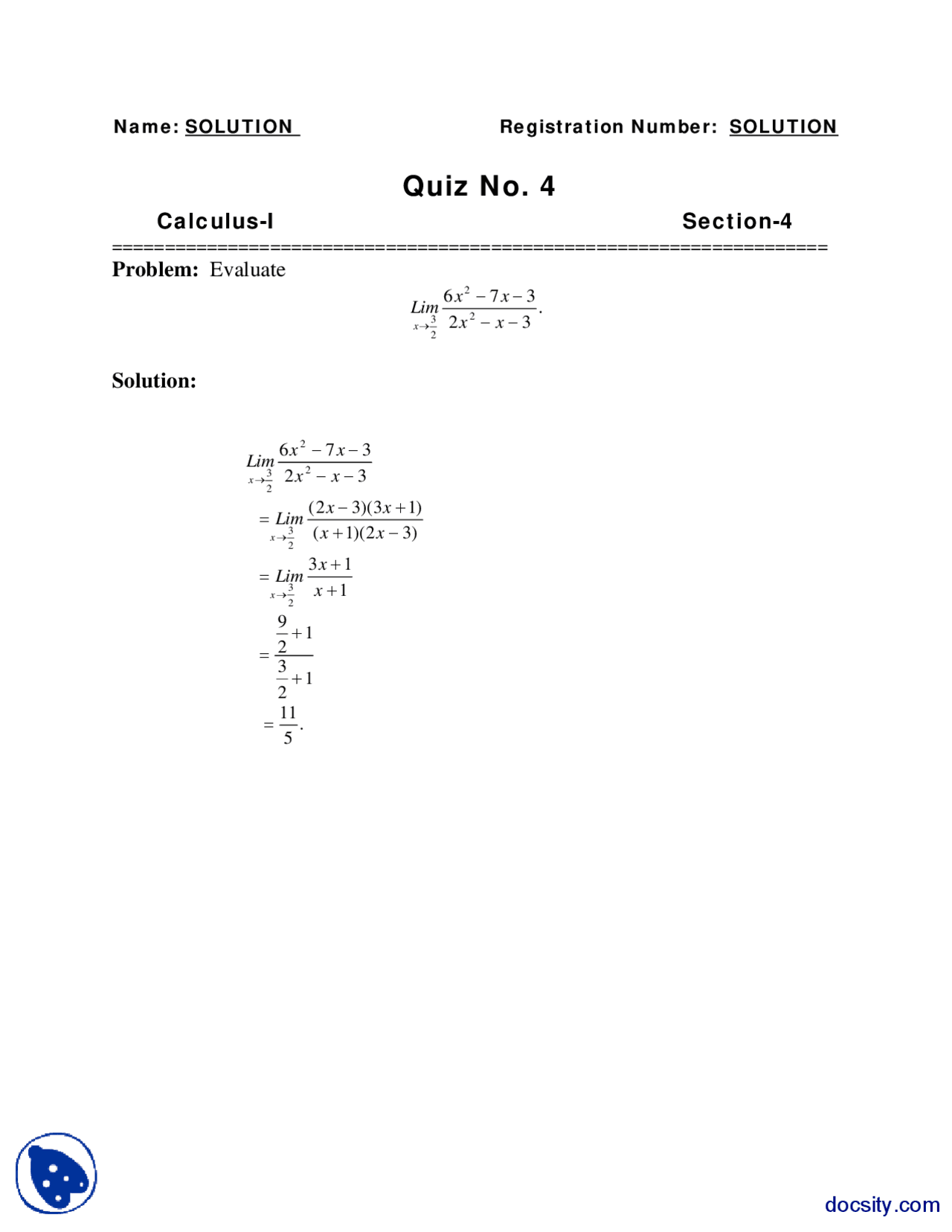 Limits 2 Calculus Quiz Solution Docsity