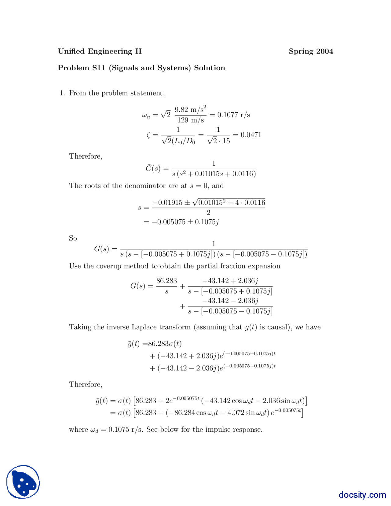 Simple Problem Signal And Systems Assignment Solution Docsity