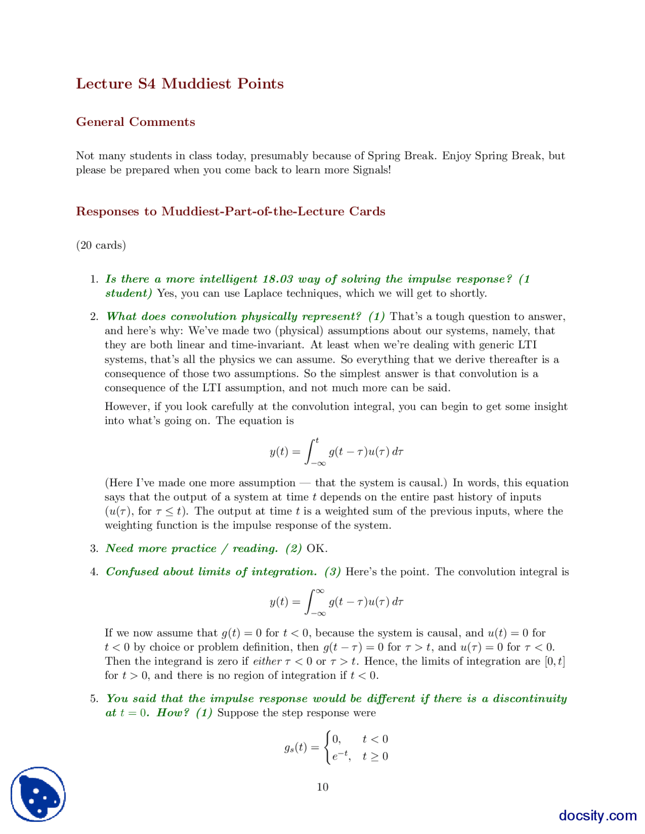 Muddiest Points Part 20 Signal And Systems Lecture Handout Docsity