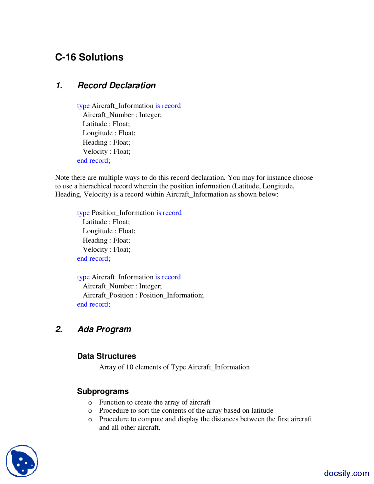 Record Declaration Programming For Aeronautical Engineering And