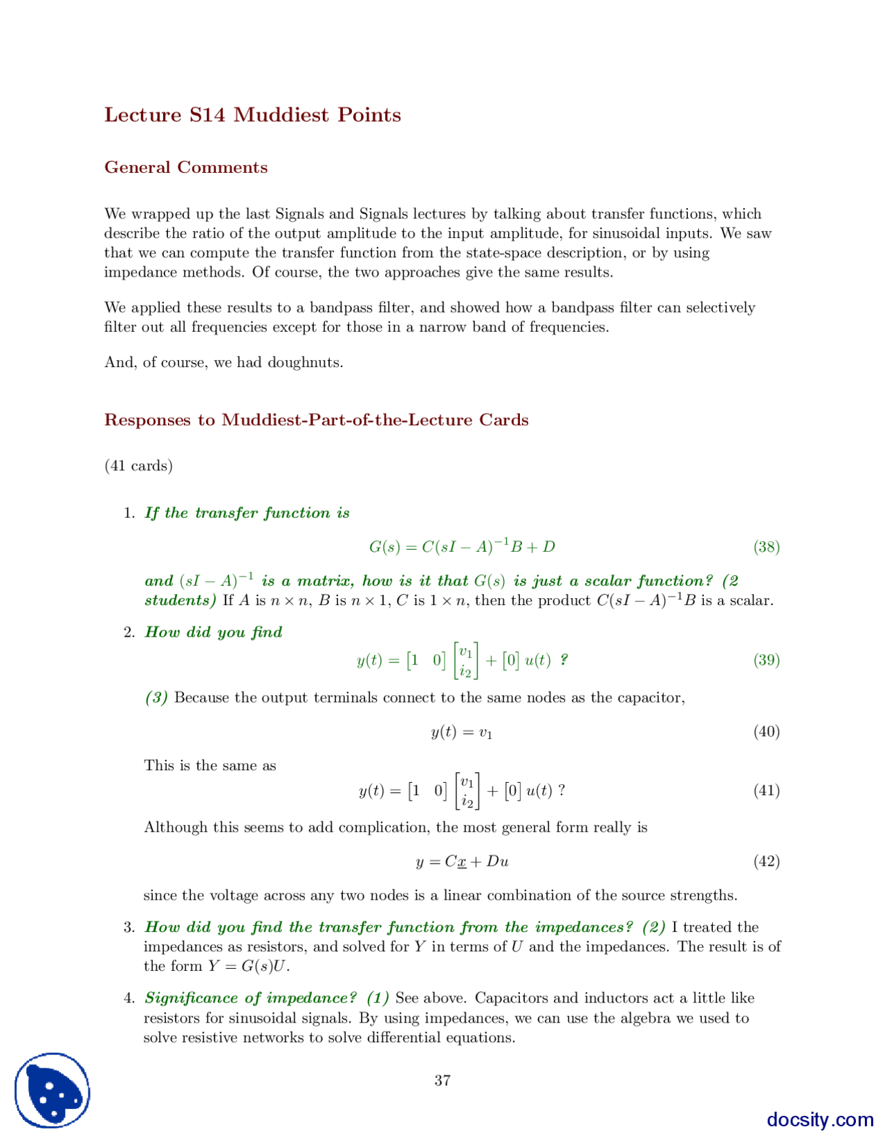 Muddiest Points Part 14 Signal And Systems Lecture Handout Docsity