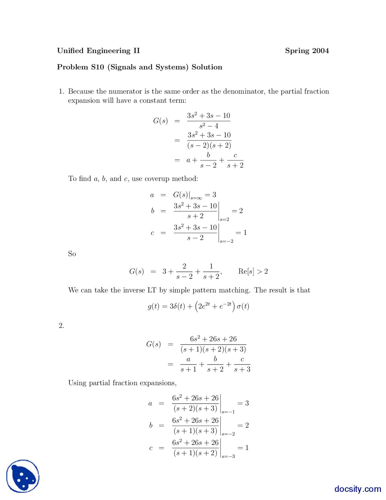 Partial Fraction Signal And Systems Assignment Solution Docsity