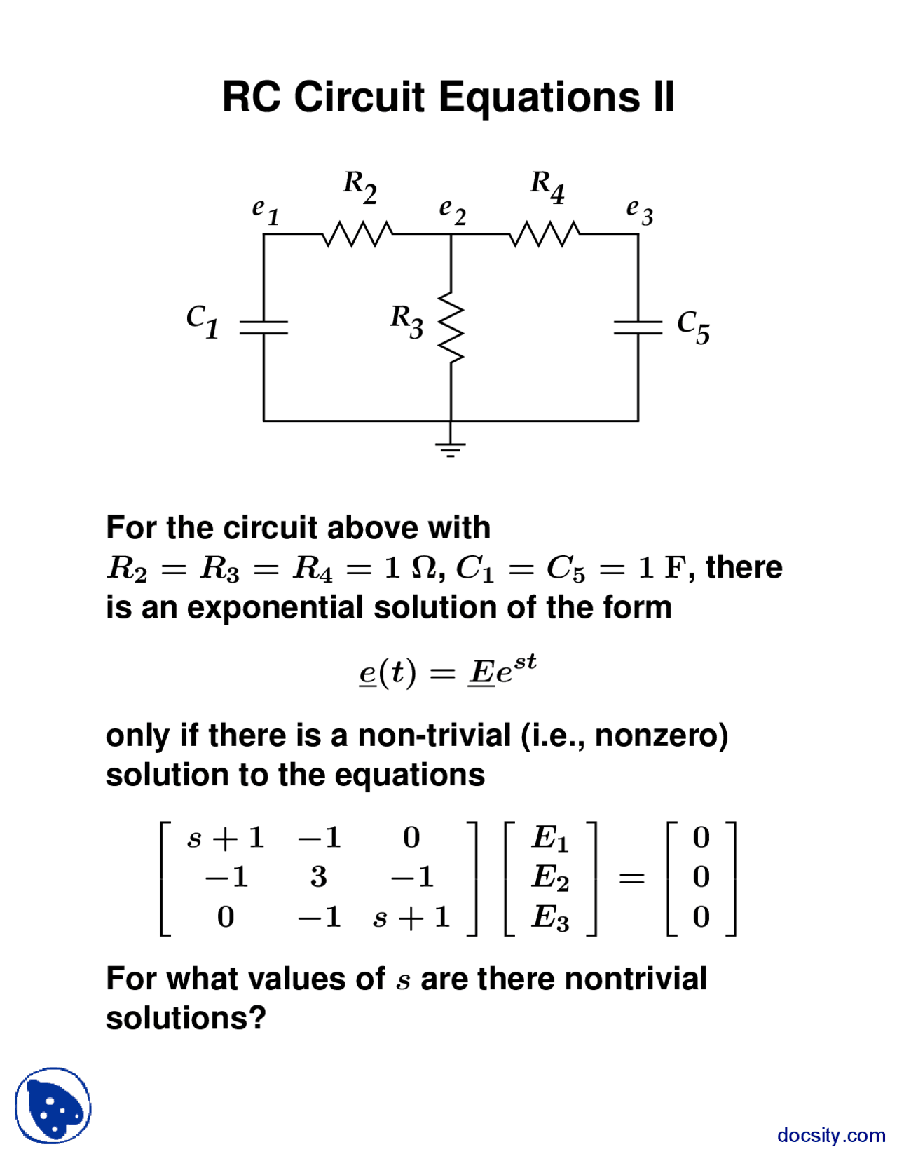 RC Circuit Equations-Signal and System Theory-Lecture Handout - Docsity