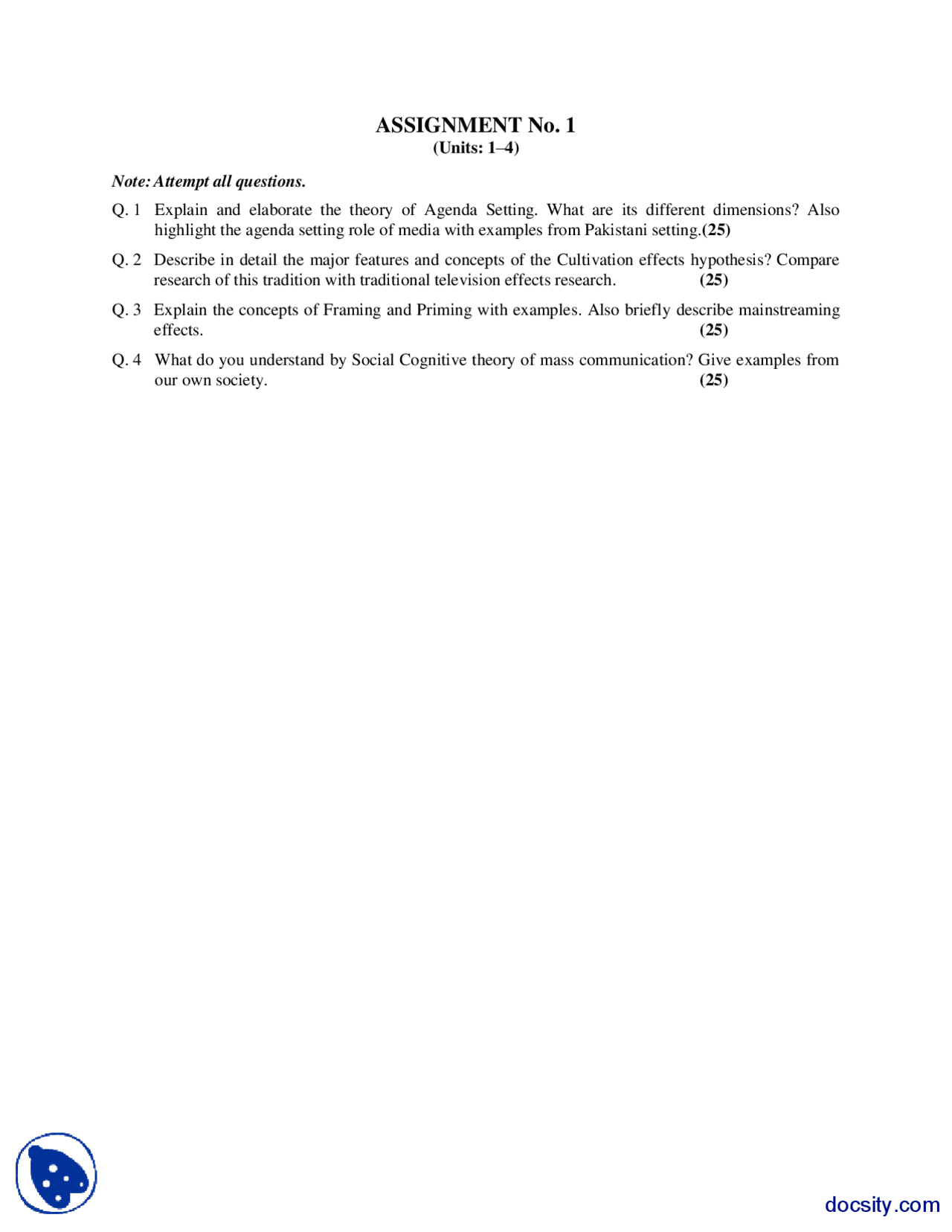 Agenda Setting Social Cognitive Theory Mass Communication Assignment
