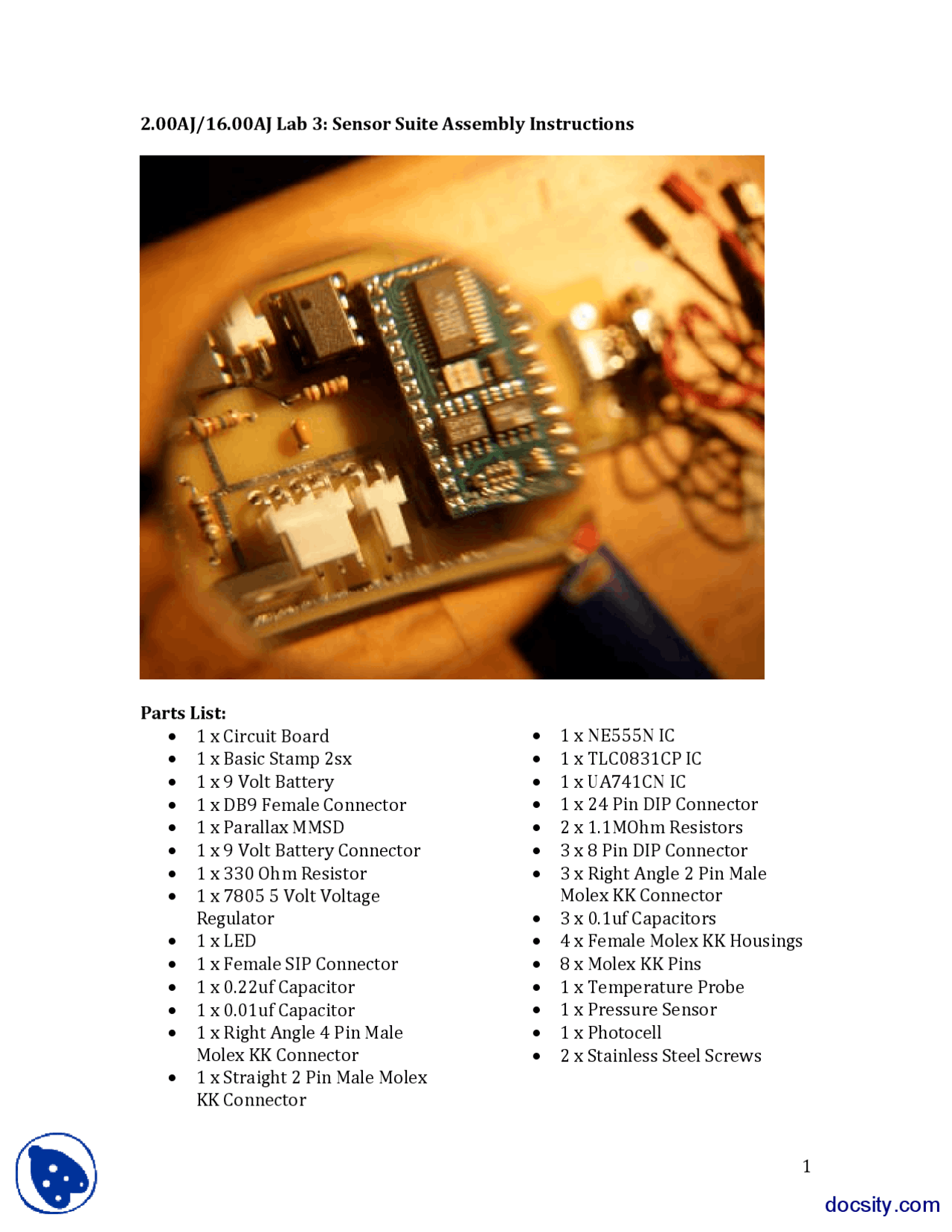 Sensor Suite Fundamentals Of Design Lab Handout Docsity