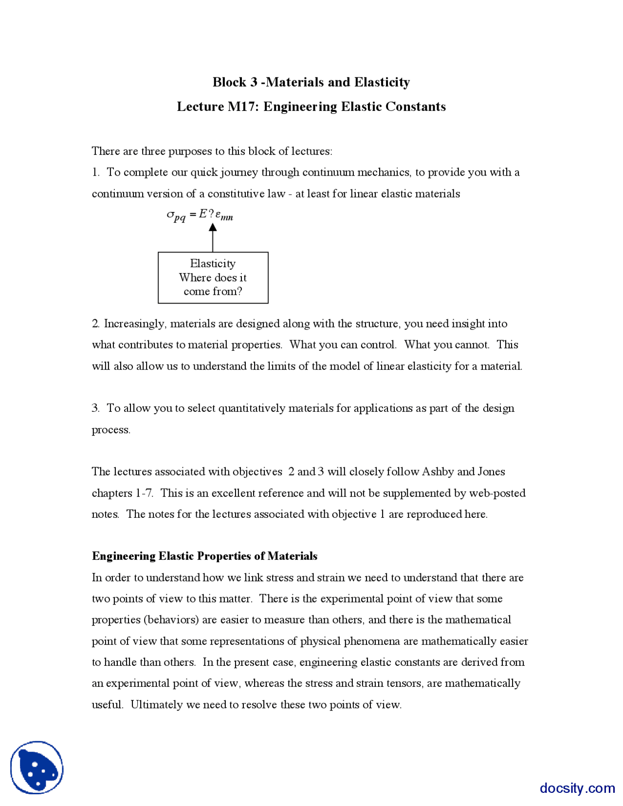 Engineering Elastic Constants Material Structures Lecture Handout Docsity