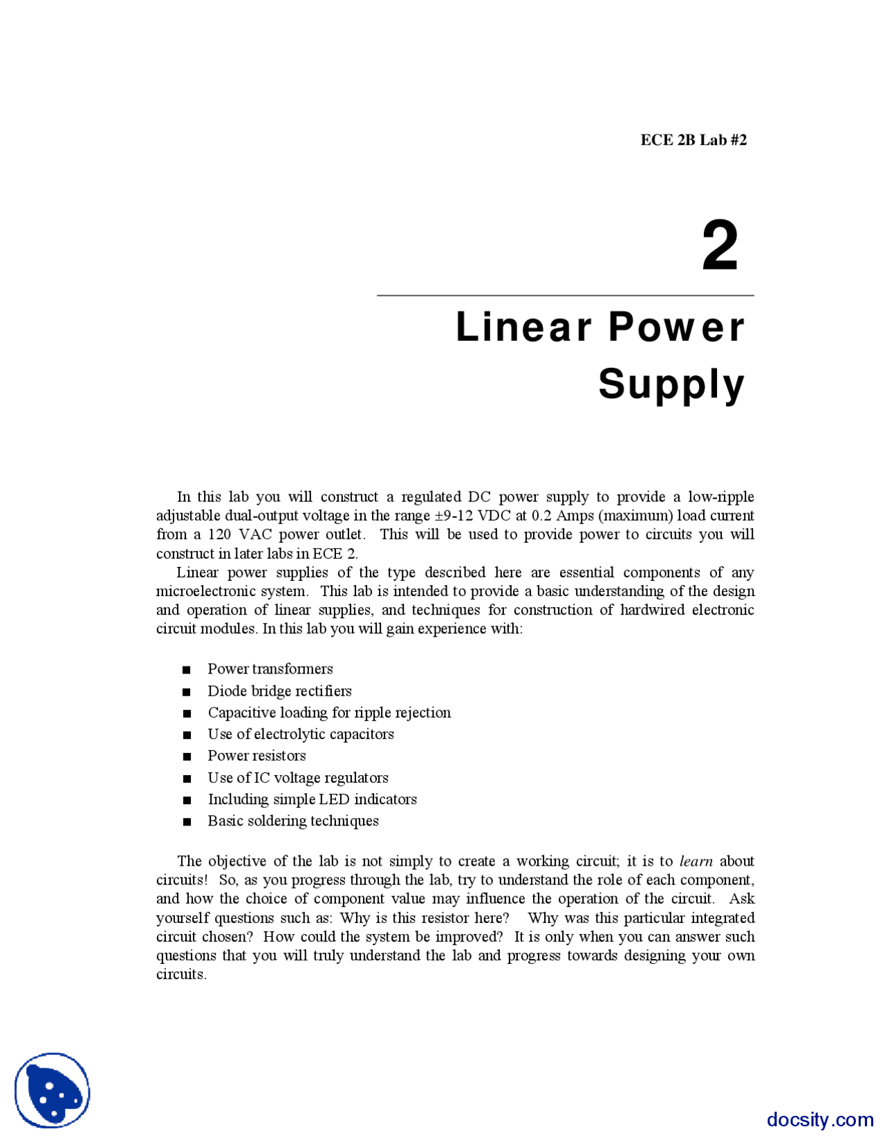 Linear Power Supply Digital Logic Design And Electronics Lab Handout Docsity