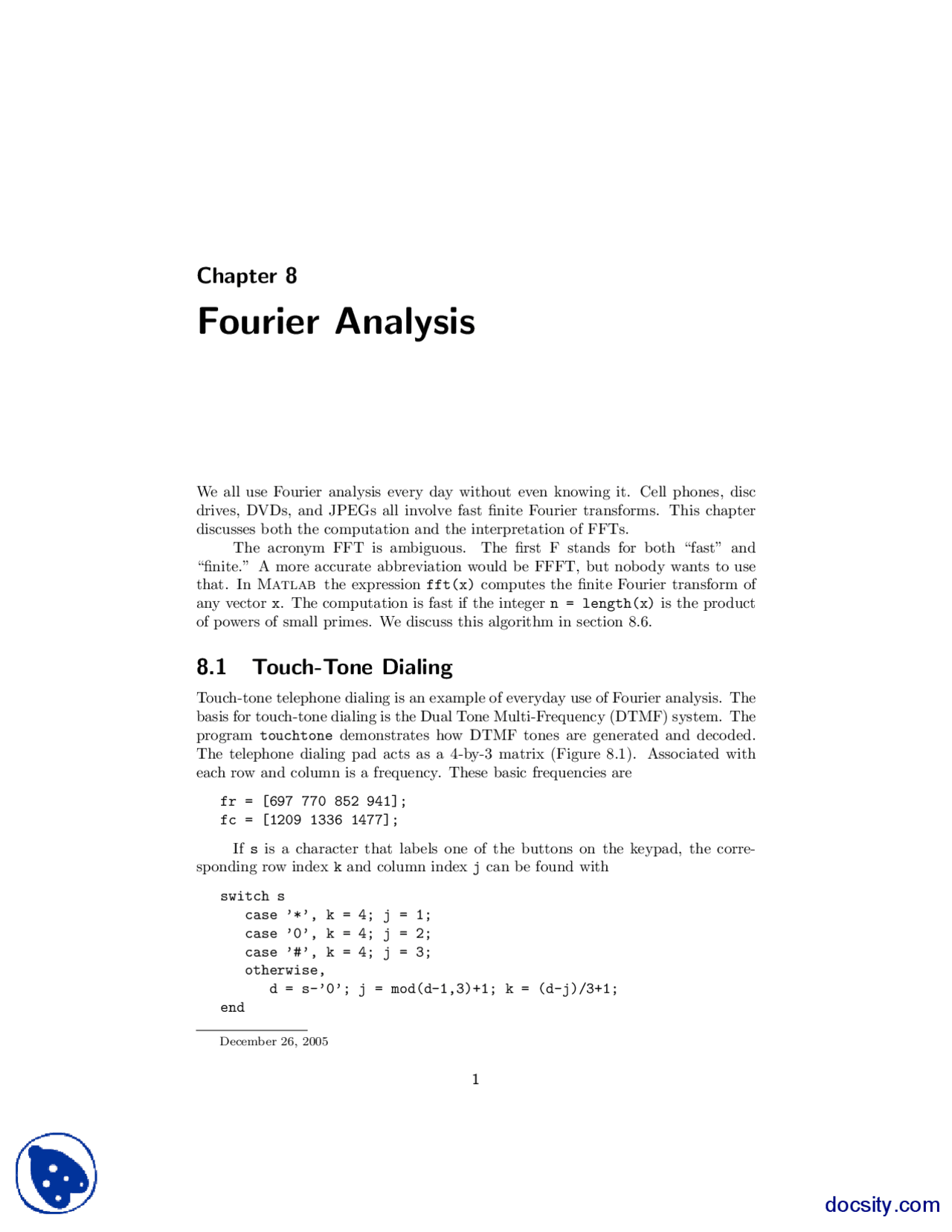 Fourier Analysis-Signal Processing And Analysis-Handout - Docsity