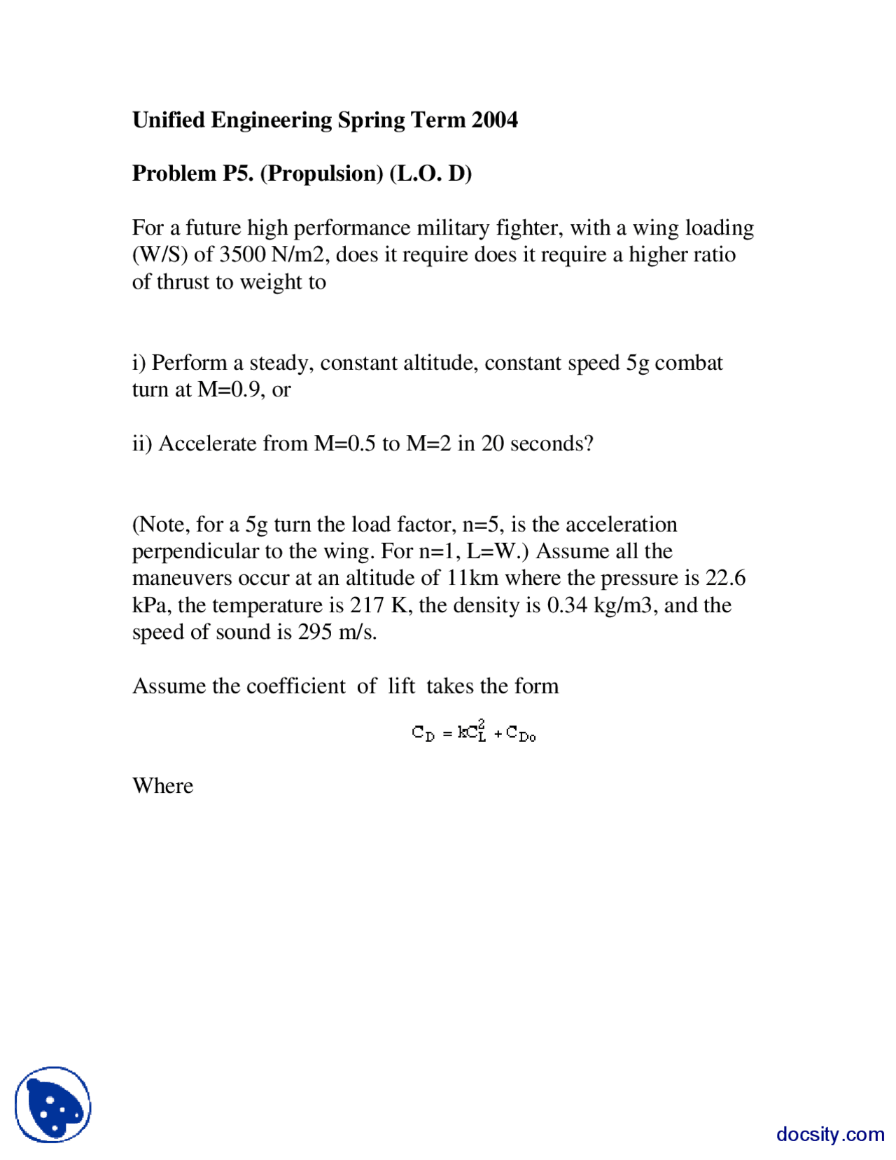 Propulsion Part 1 Thermodynamic Propulsion Assignment Docsity