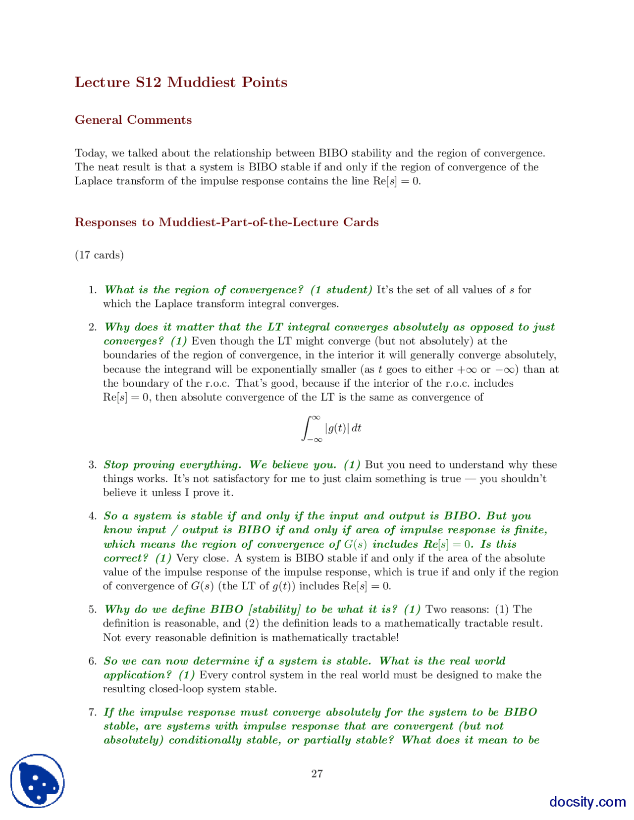 Muddiest Points Part 29 Signal And Systems Lecture Handout Docsity
