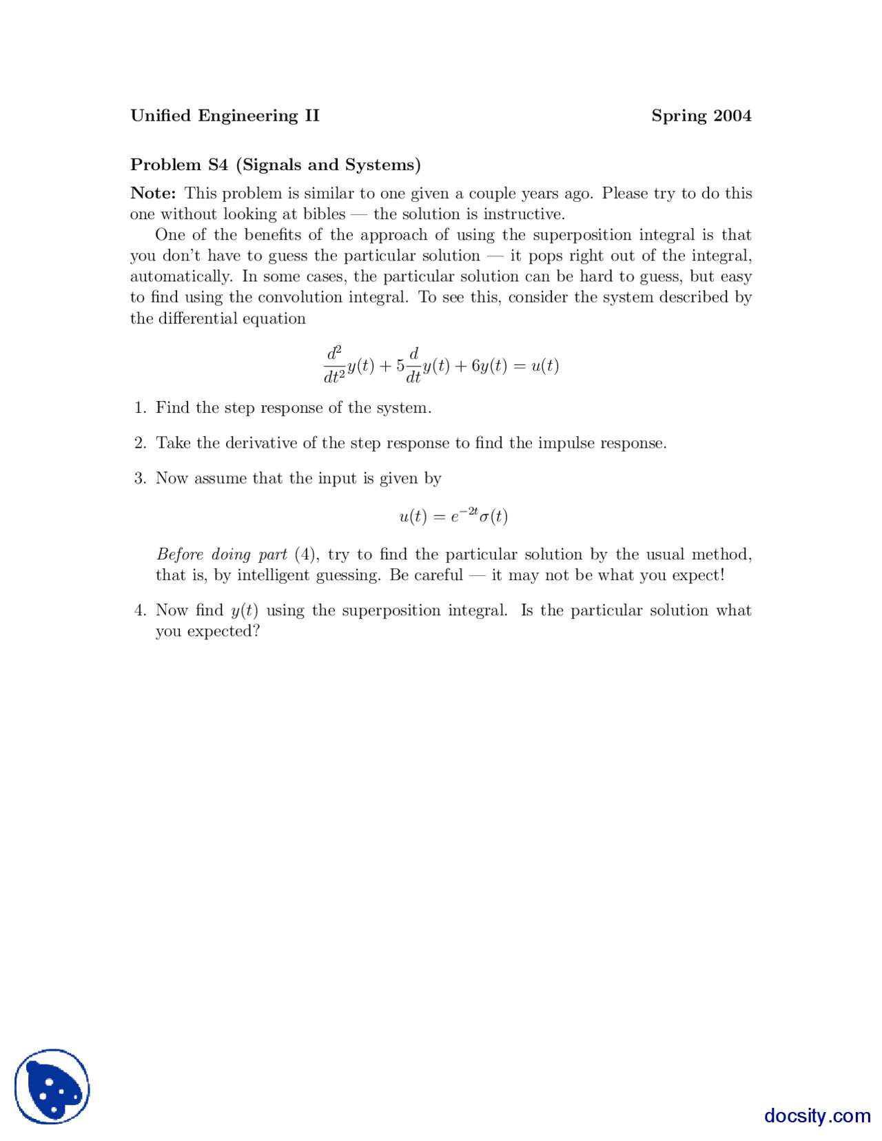 Superposition Integral Signal And System Assignment Docsity