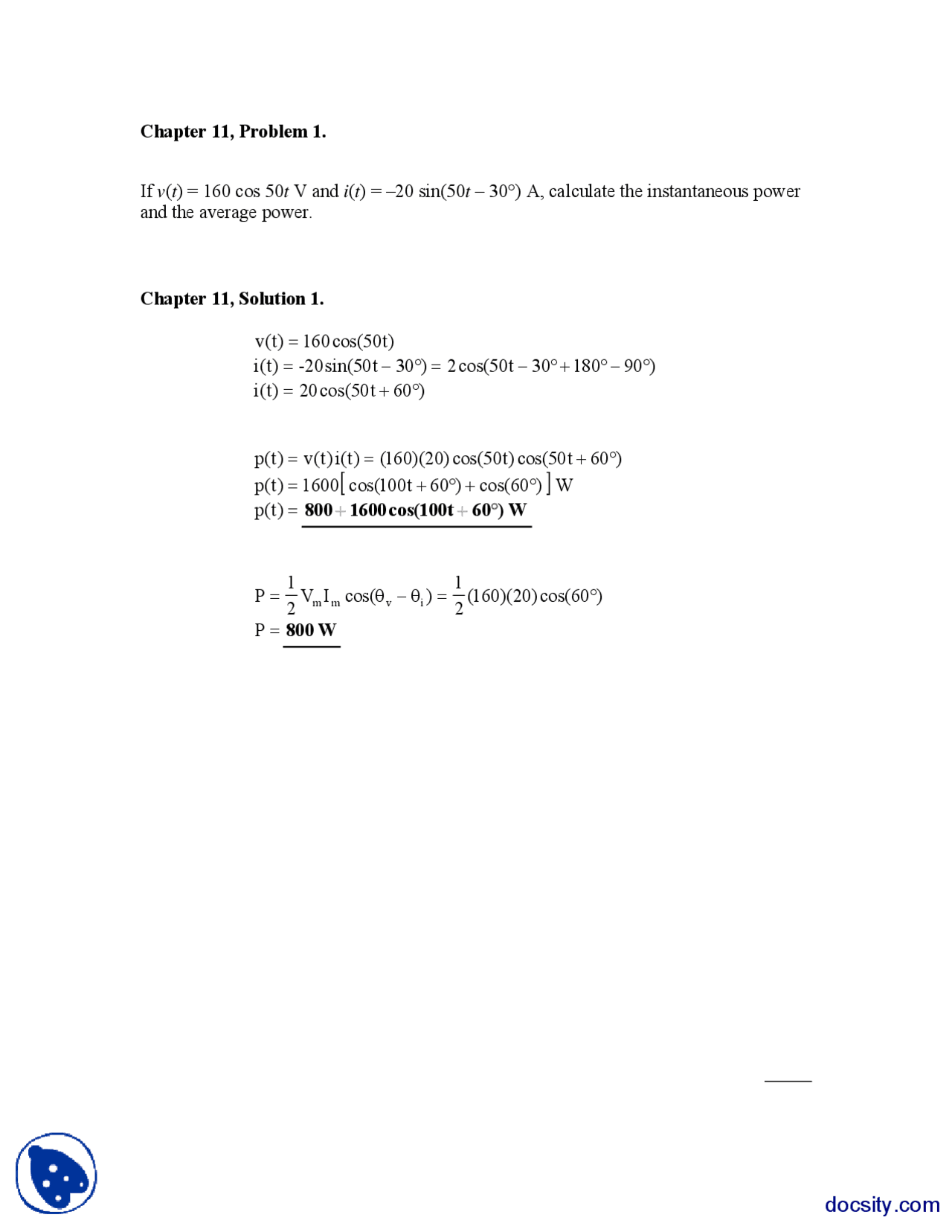 Chapter 11 Part 1 Electrical Circuit Analysis Problem Solutions Docsity