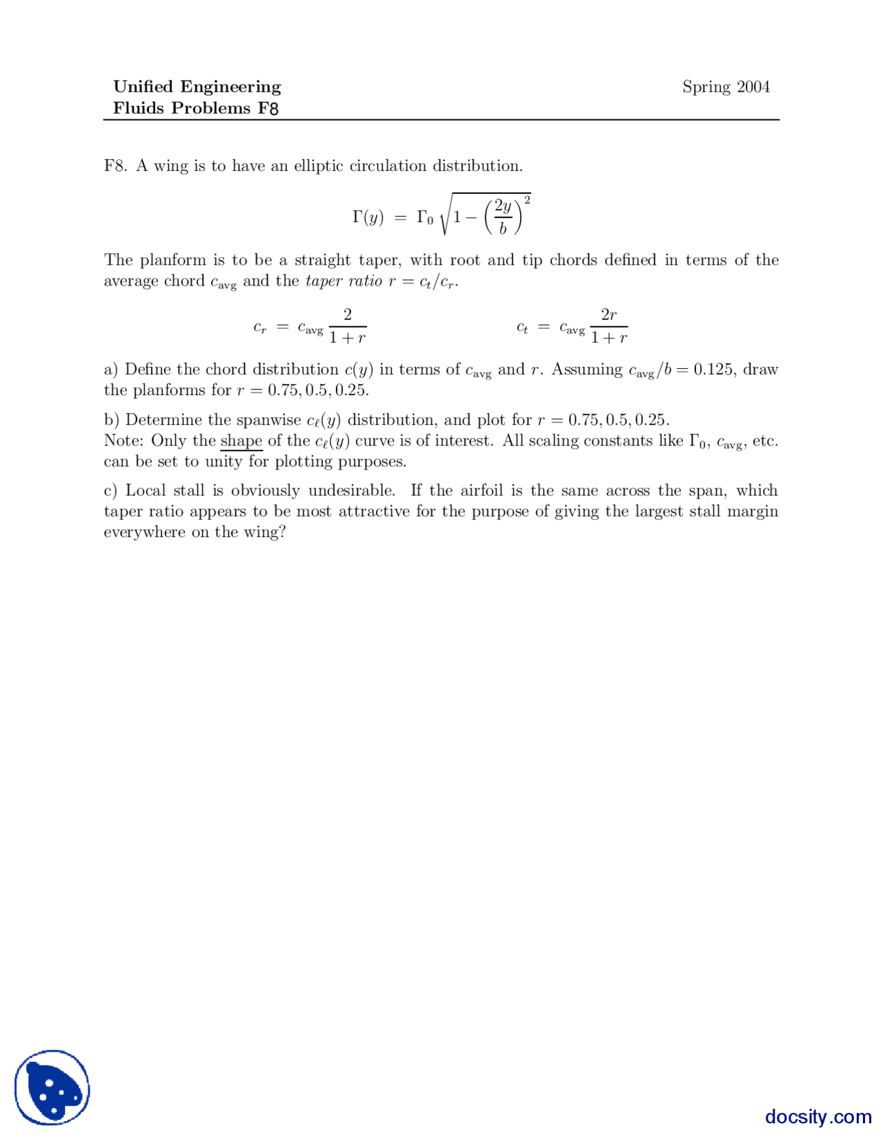 F8 Elliptic Wing-Aeronatical Engineering And Fluid Mechanics-Assignment - Docsity
