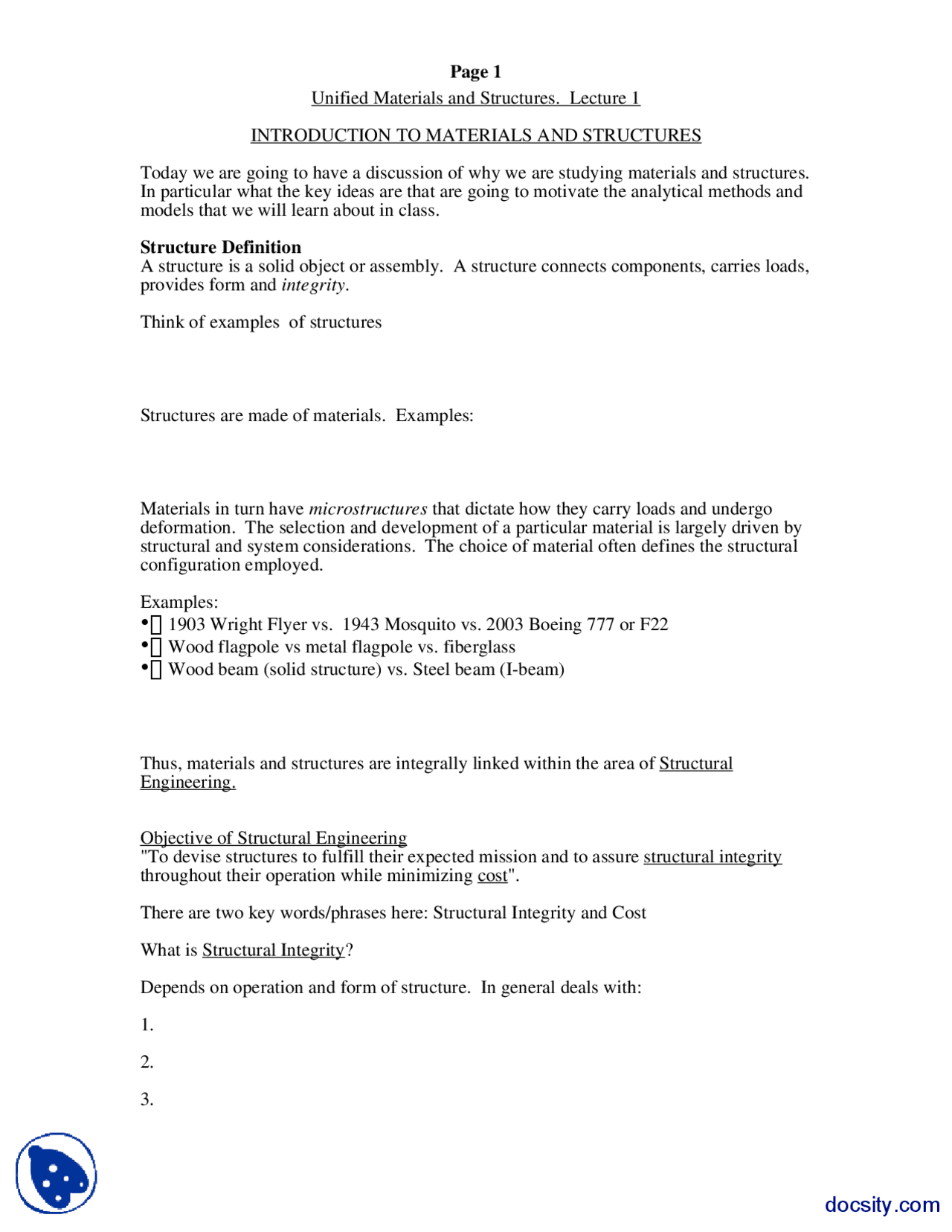 Structure Definition Material Structures Lecture Handout Exercises