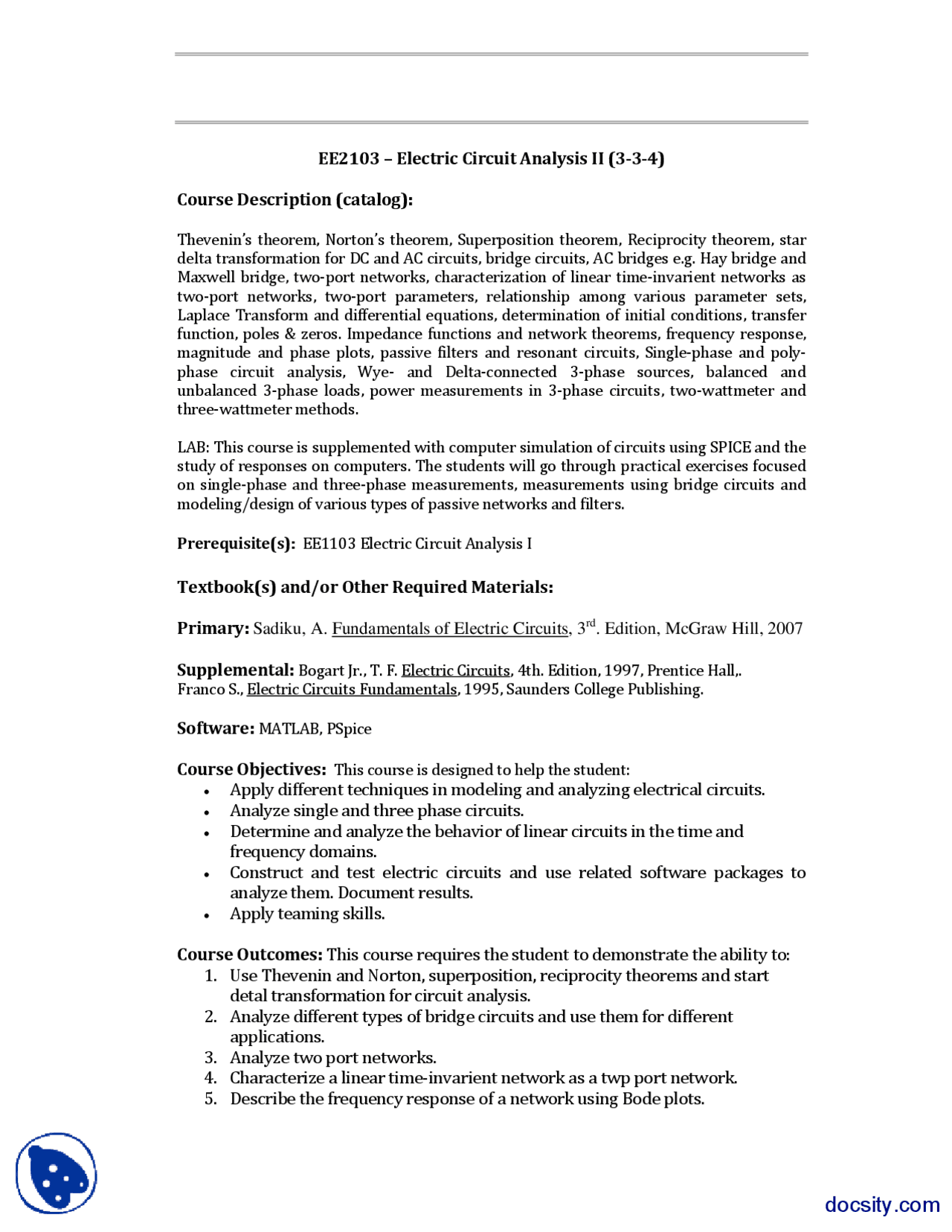 Course Outline Electrical Circuit Analysis Lecture Slides Docsity