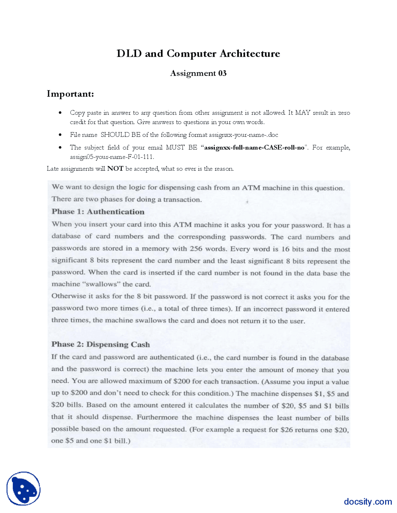 Phases of ATM Machine-Digital Logic Design-Assignment - Docsity