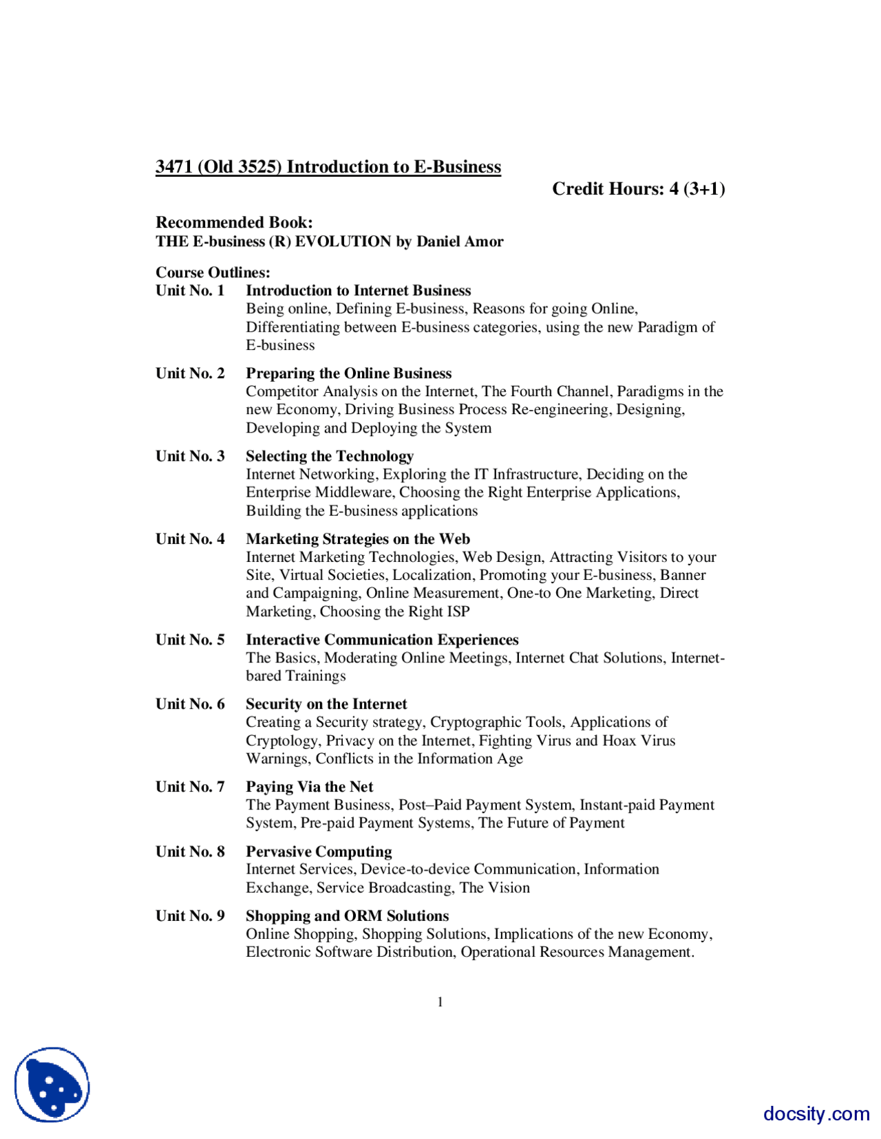 Course Outline Introduction To E Business Handout Exercises