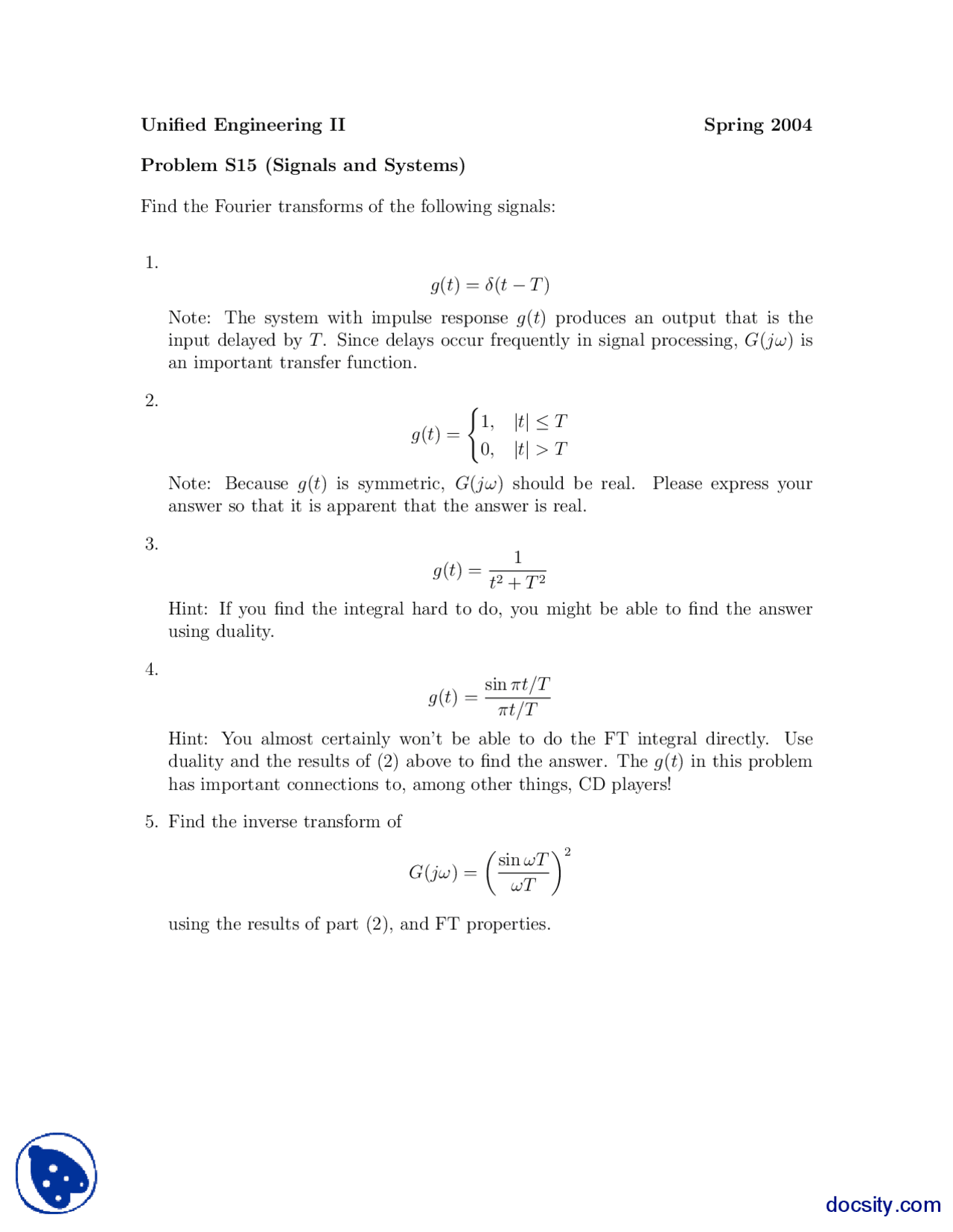 Fourier Transforms Signal And System Theory Assignment Docsity