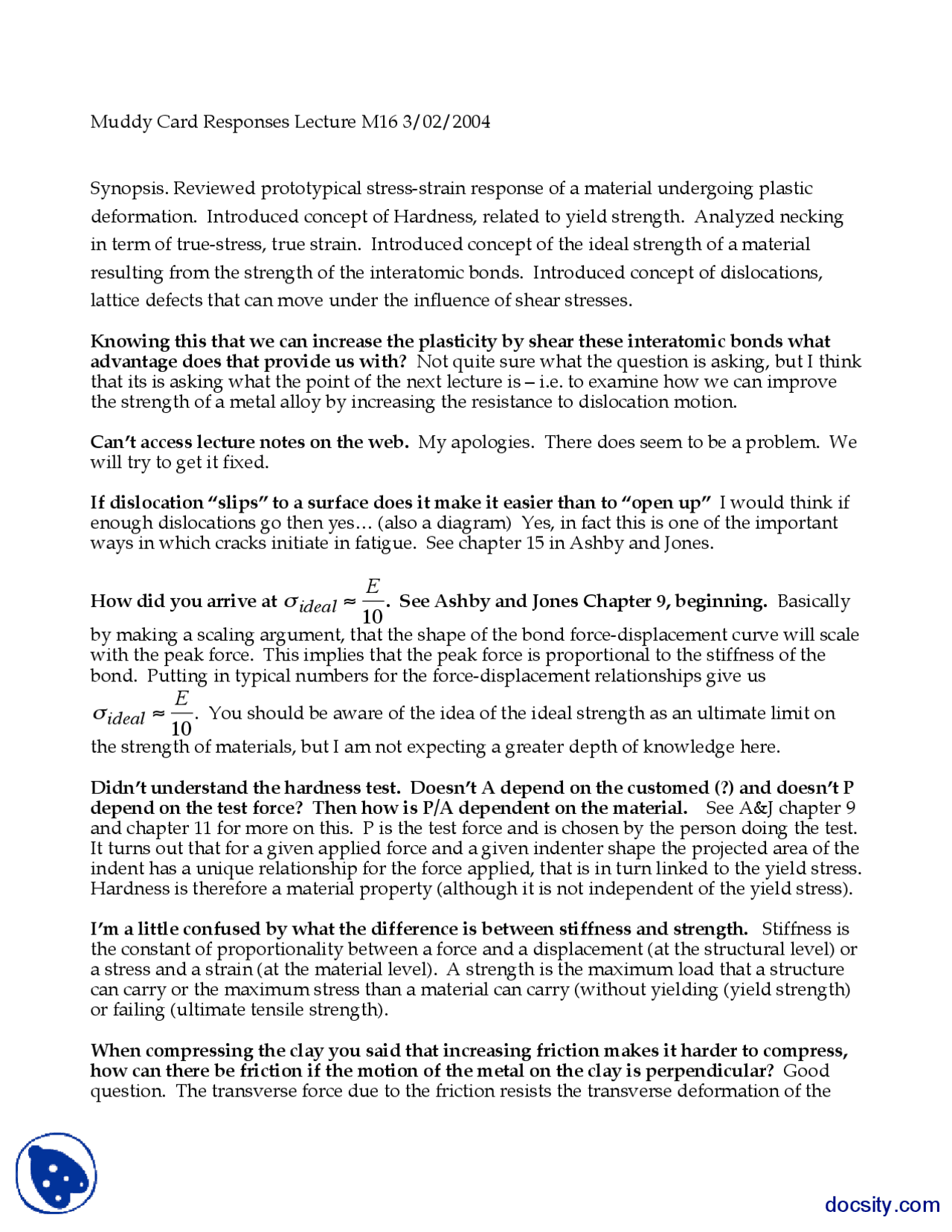 Muddy Card Responses Part 16 Concepts Of Structure Of Materials Lecture