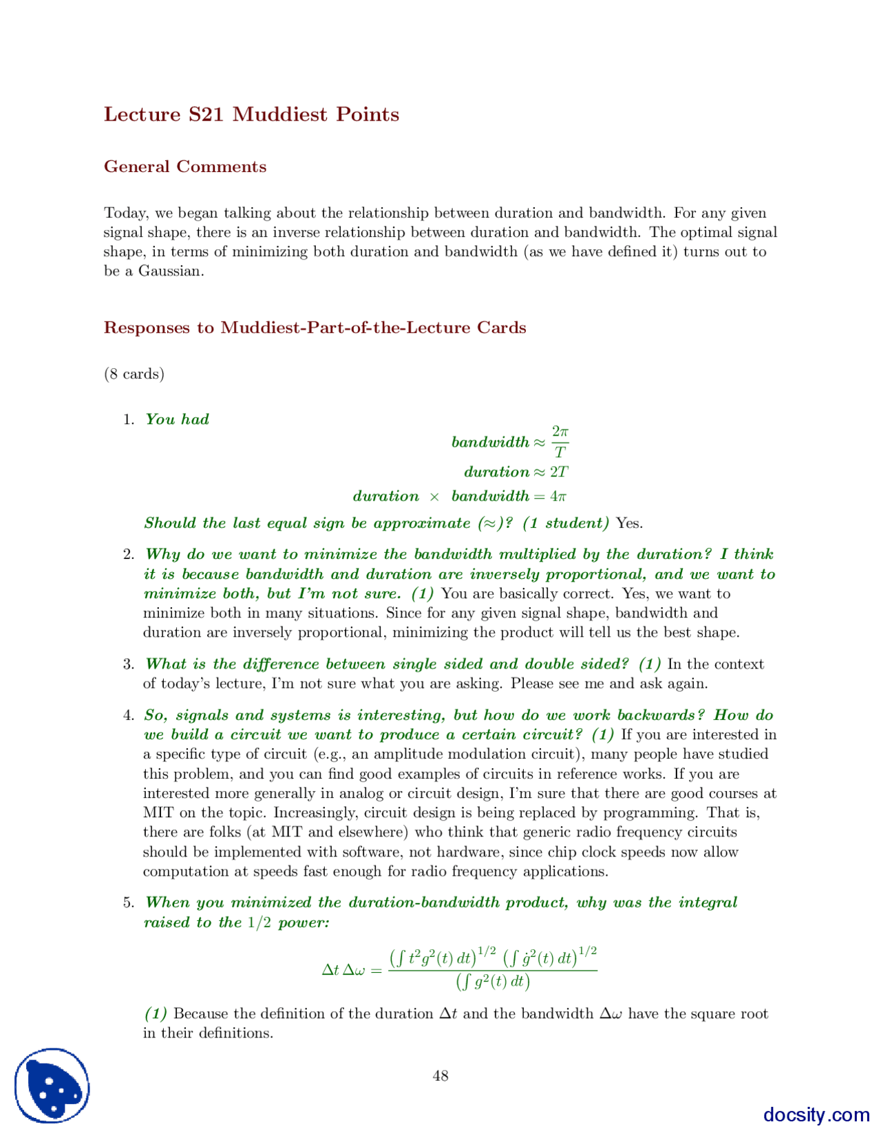Muddiest Points Part 39 Signal And Systems Lecture Handout Docsity
