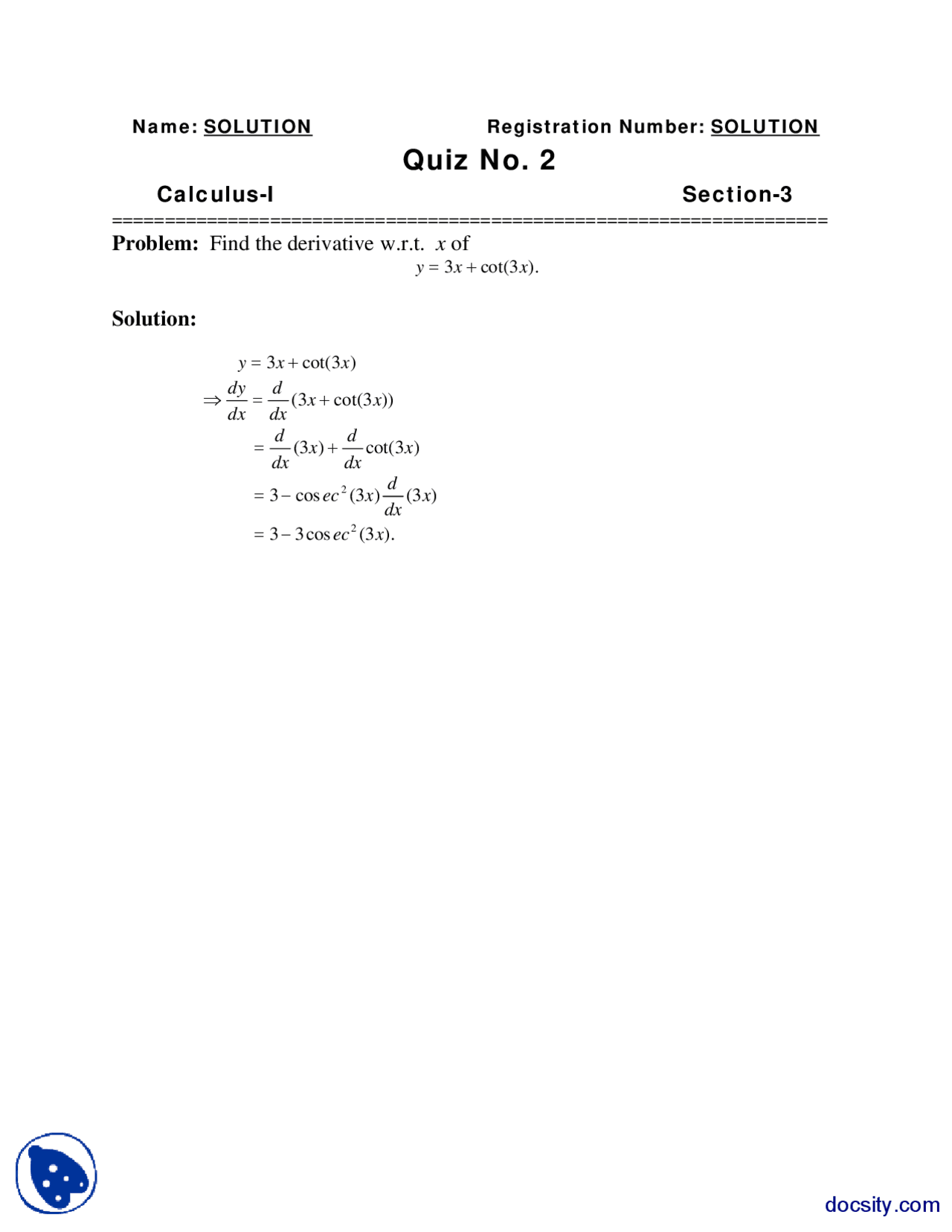 Derivatives 8 Calculus Quiz Solution Docsity