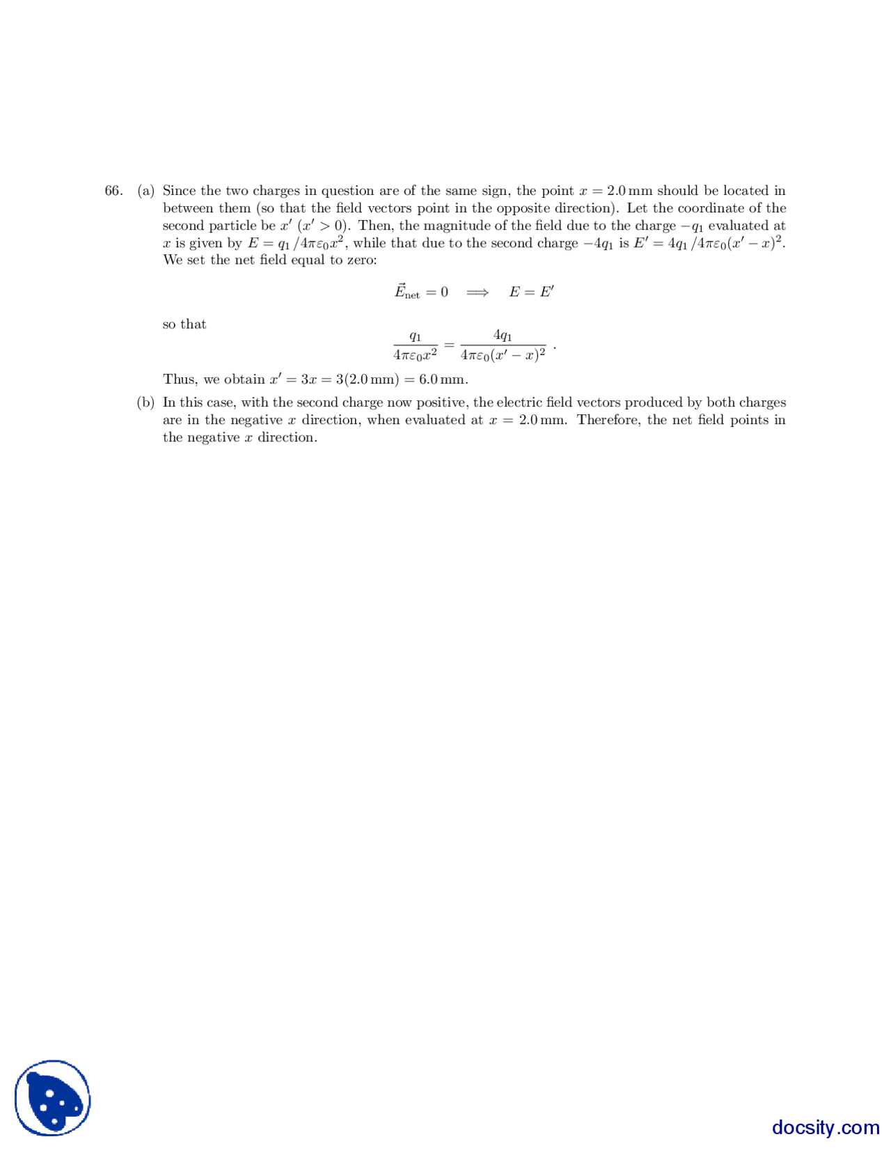 The Net Electric Field Vectors: Sample Solved Equation - Docsity