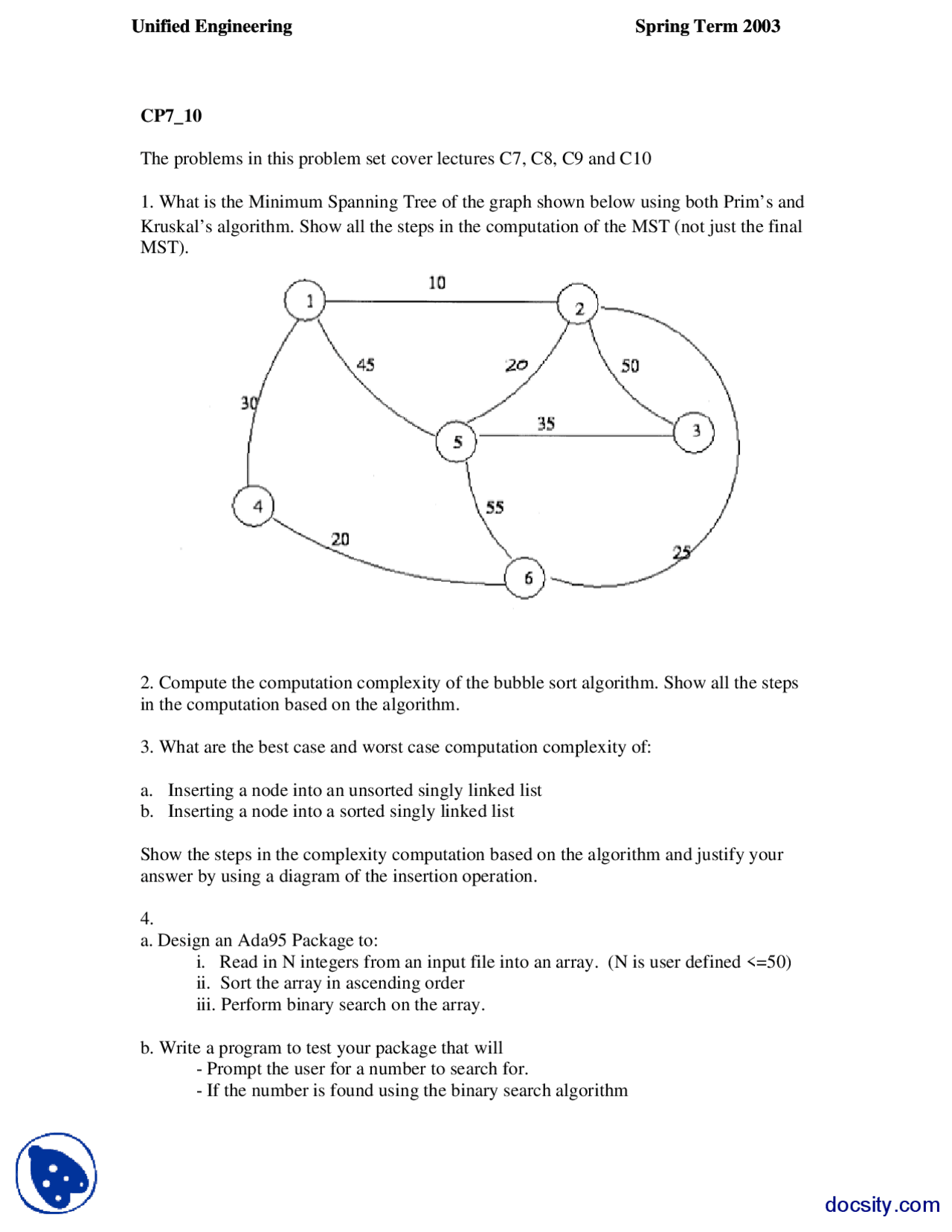Minimum Spanning Tree Aeronautical Engineering And Computer Programming Assignment Docsity