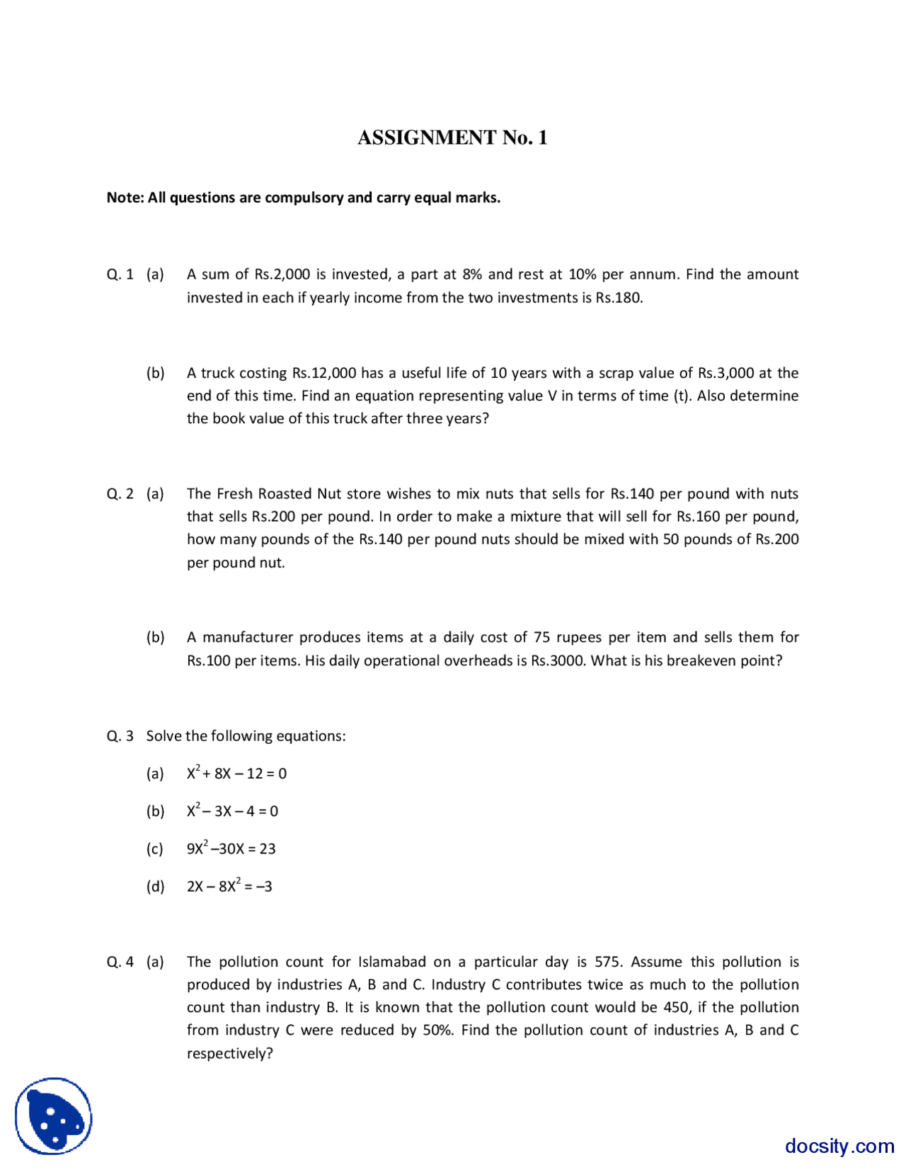 Matrix Method-Business Mathematics-Assignment - Docsity