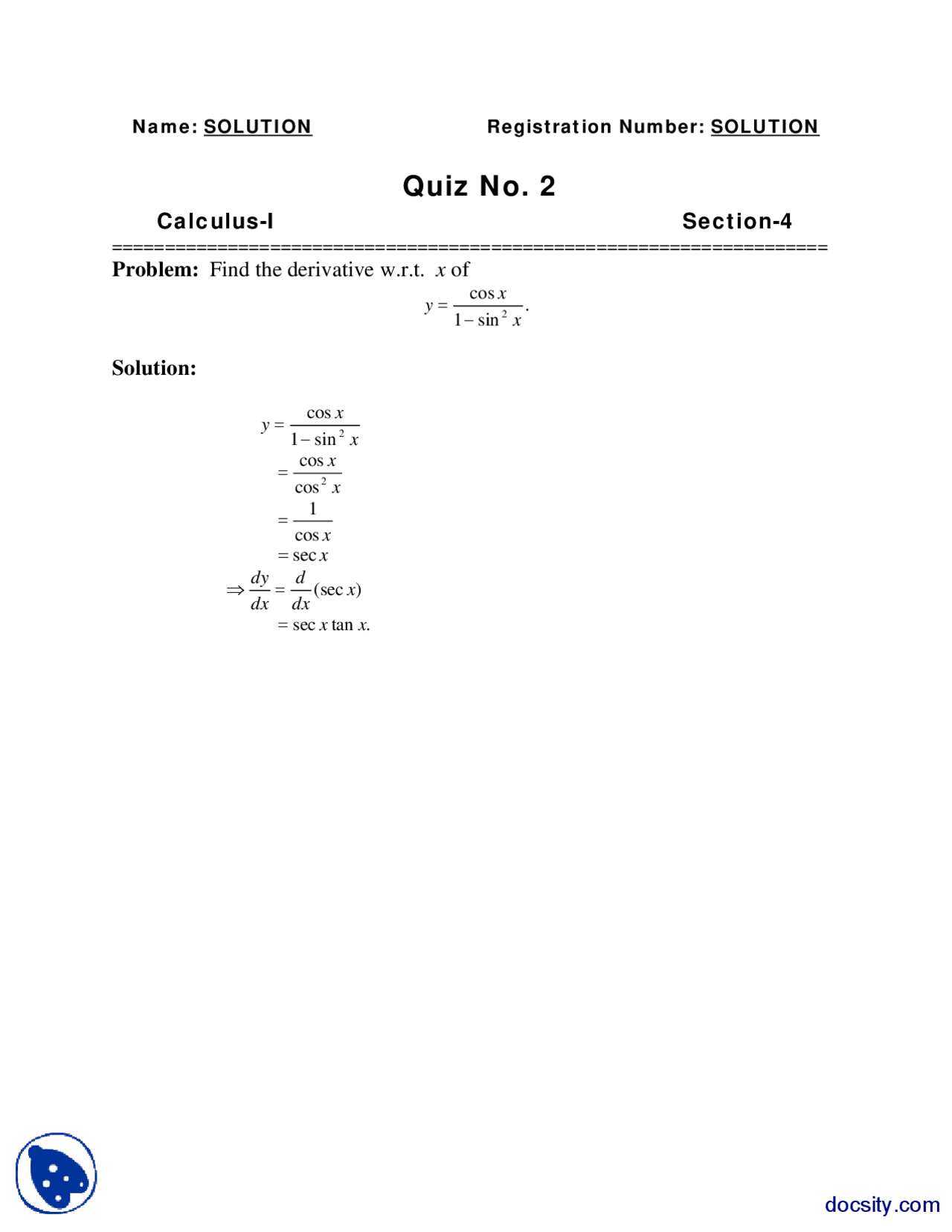 Calculus I Quiz 2 Solution - Finding Derivatives | Exercises Calculus ...