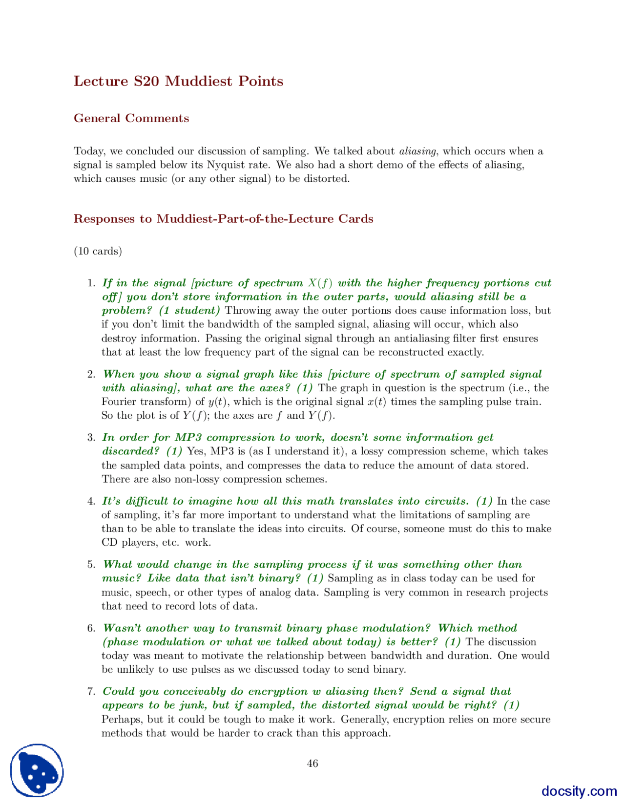 Muddiest Points Part 37 Signal And Systems Lecture Handout Docsity