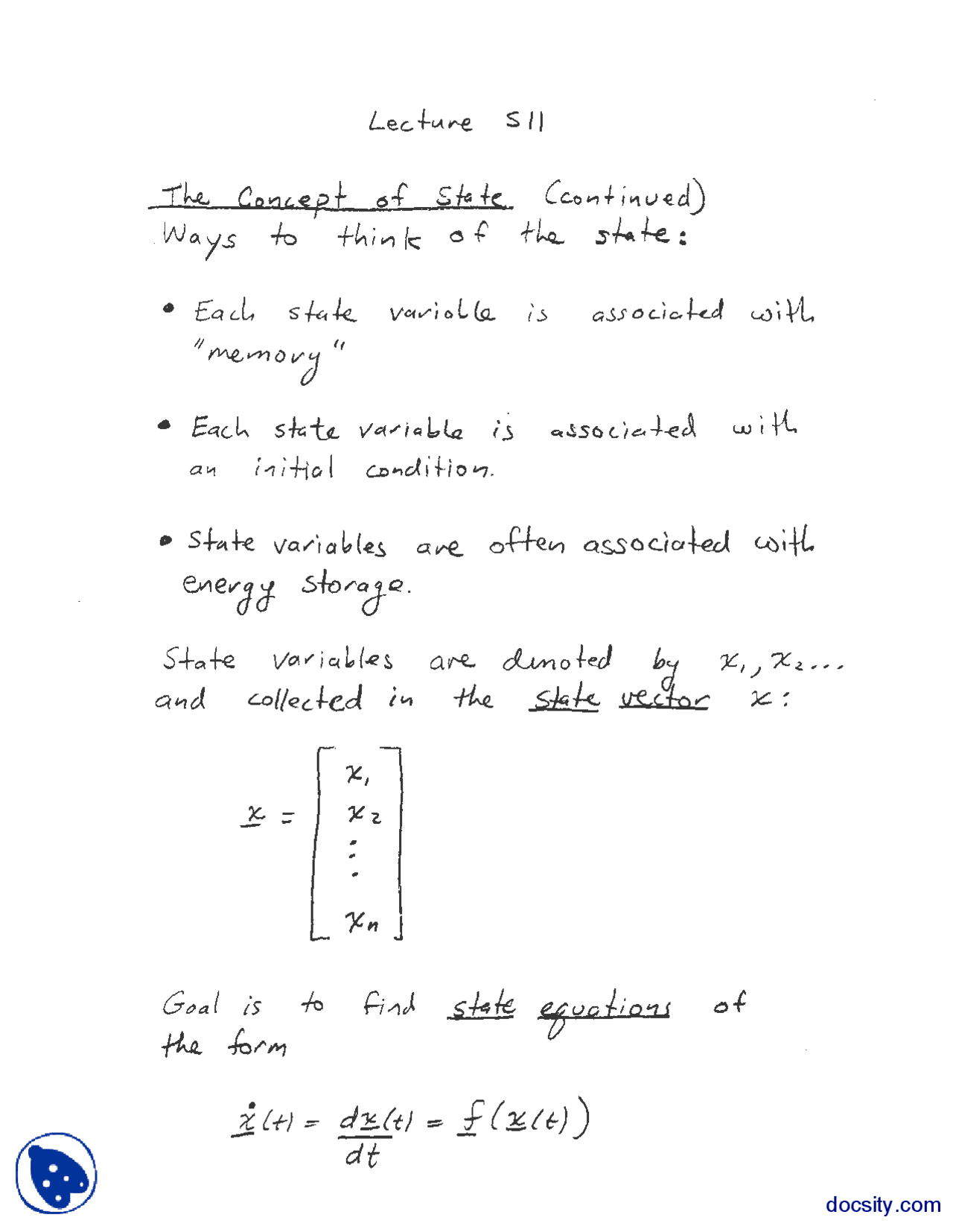 Concept Of State Part 2 Signal And Systems Lecture Handout Docsity