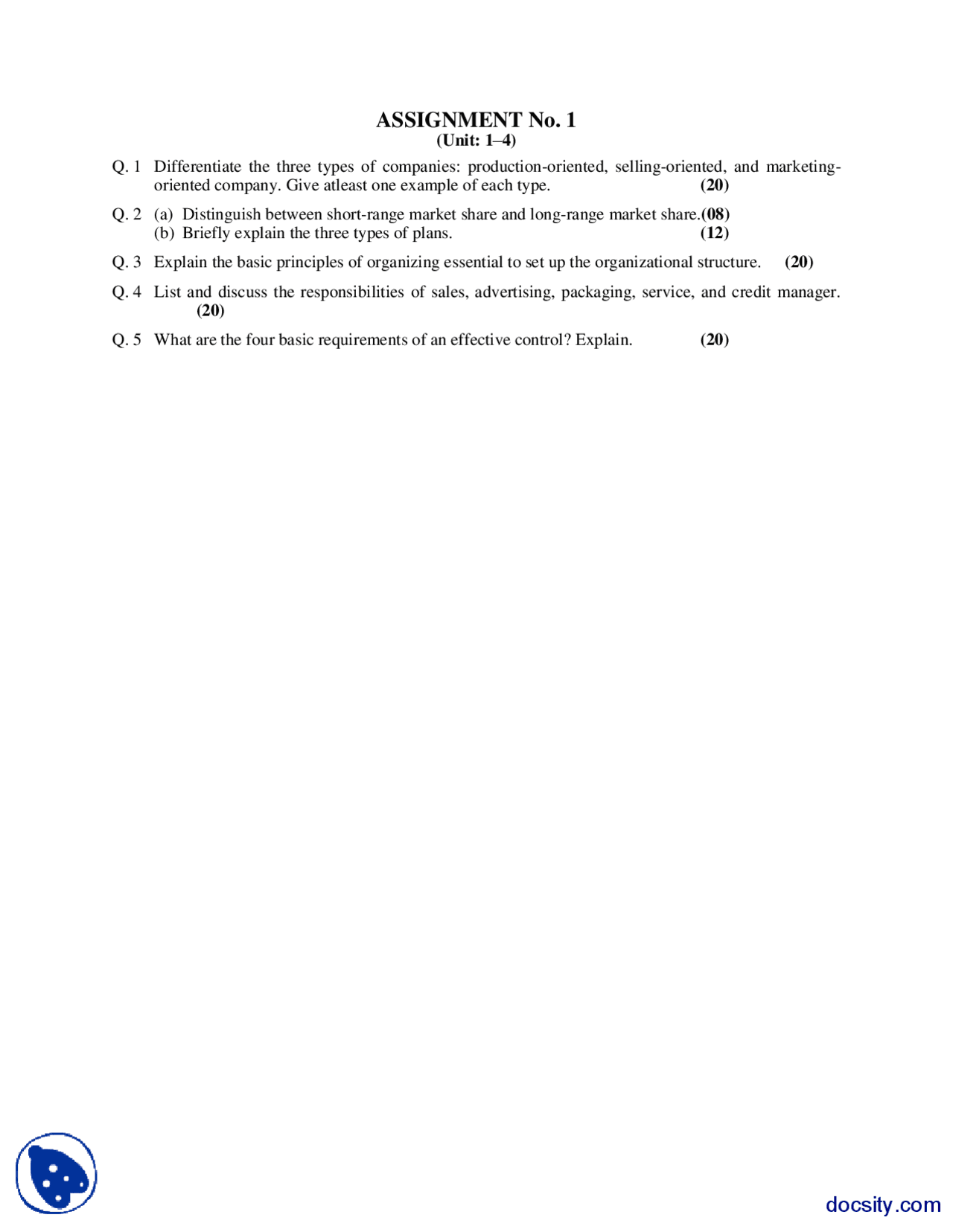 Effective Control Marketing Management Assignment Docsity