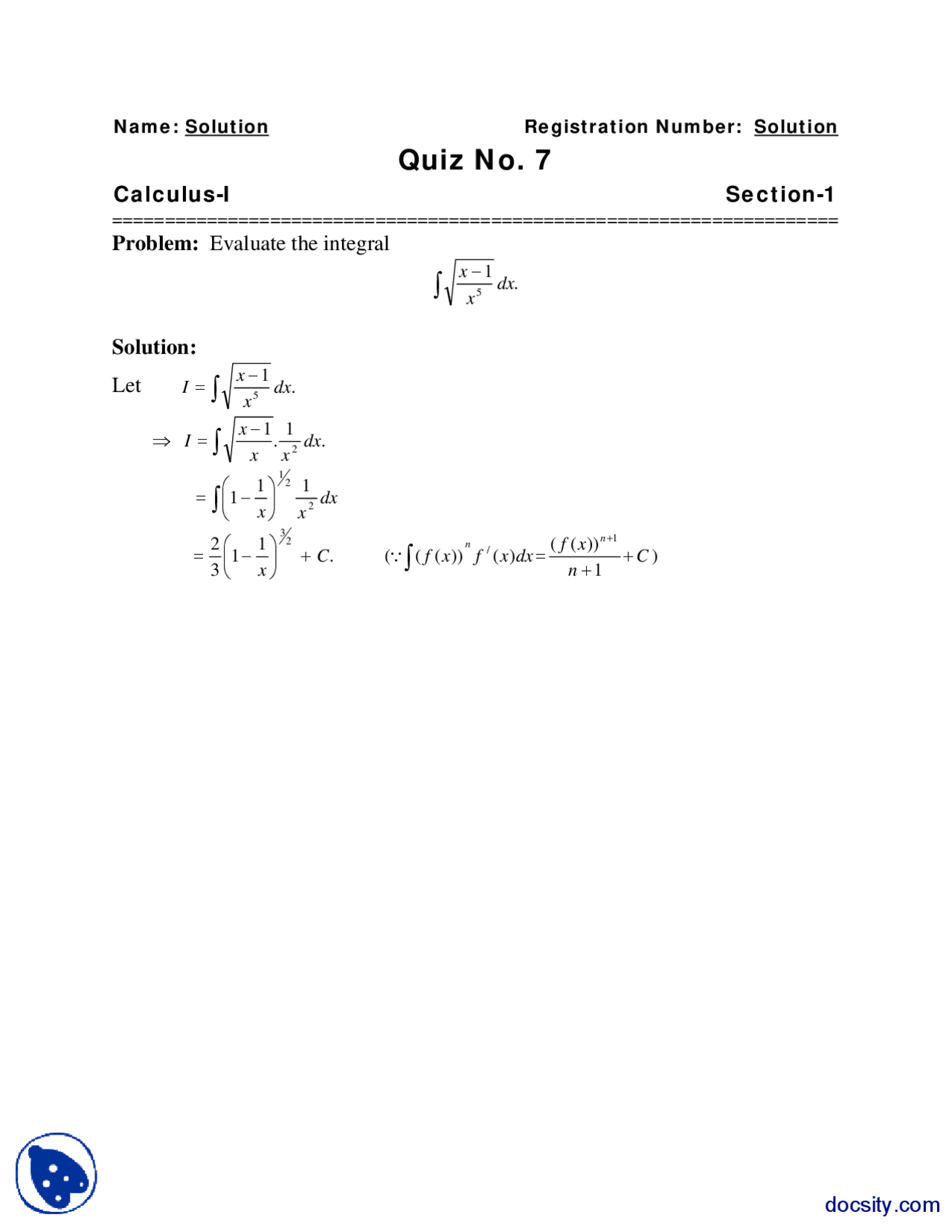 Integrals 8 Calculus Quiz Solution Docsity