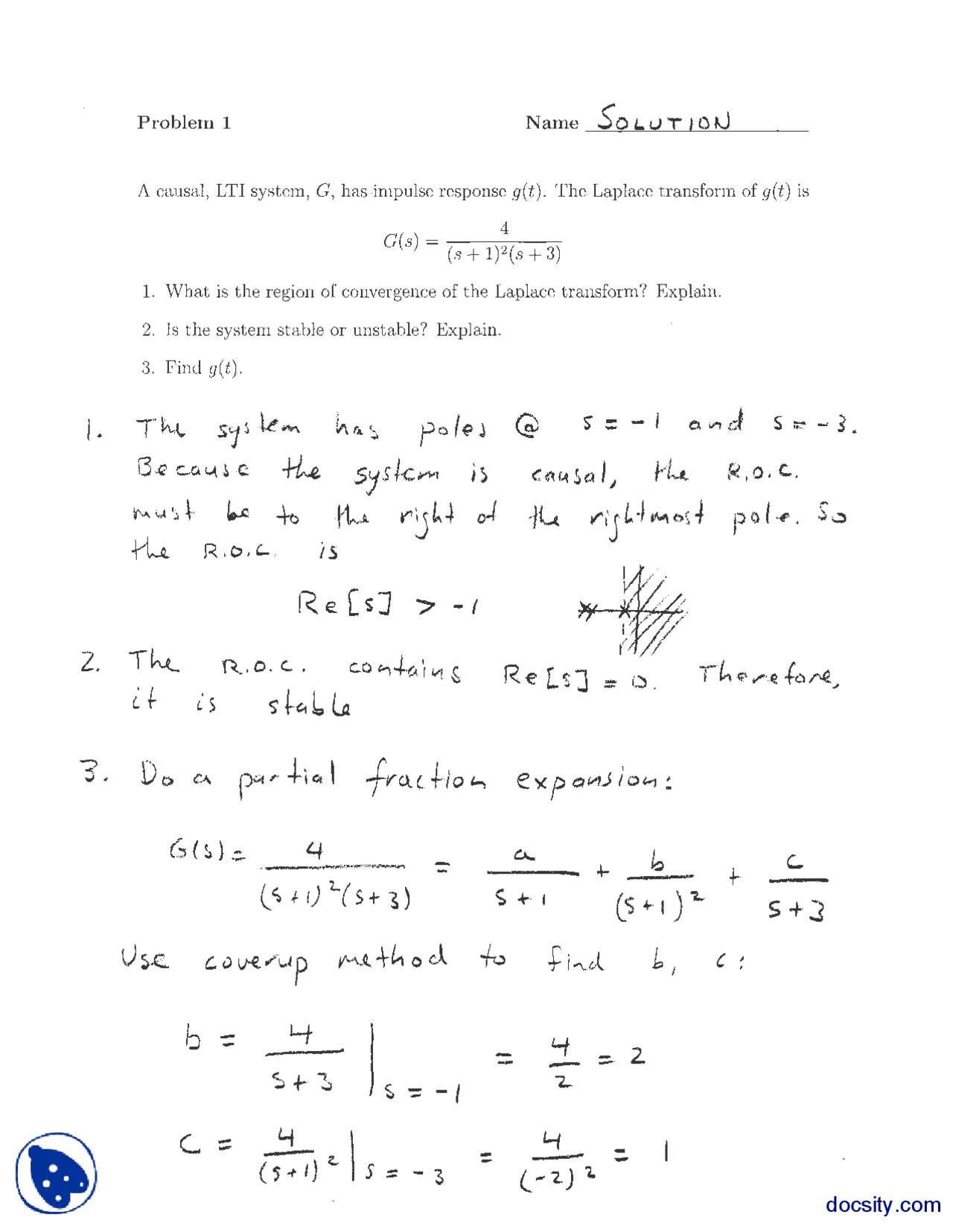 Causal LTI System Laplace Transform-Aeronautical Engineering And Sciences-Quiz Solution - Docsity
