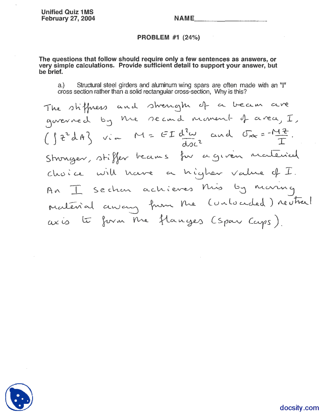 Structural Steel Girders-Aeronautical Engineering And Sciences-Quiz Solution - Docsity