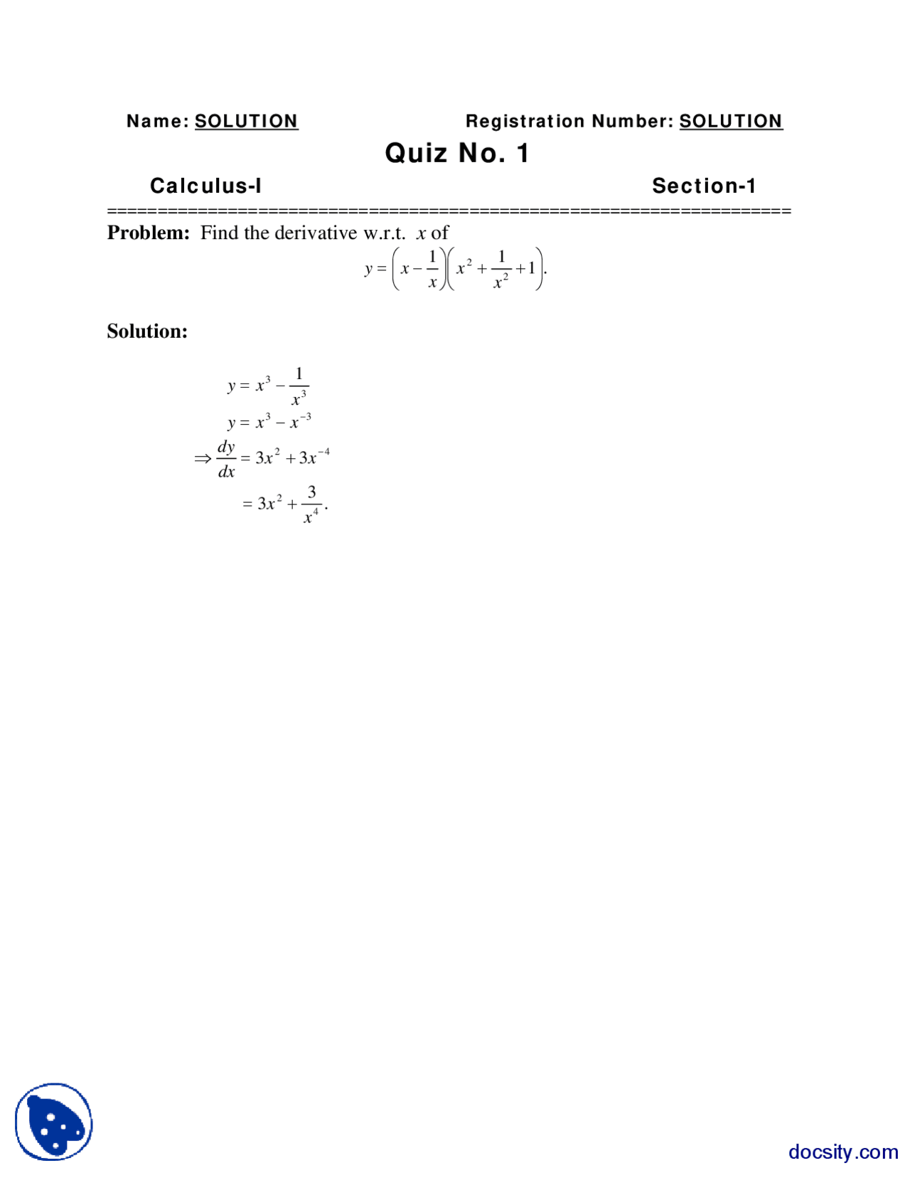 Derivatives 4 Calculus Quiz Solution Docsity