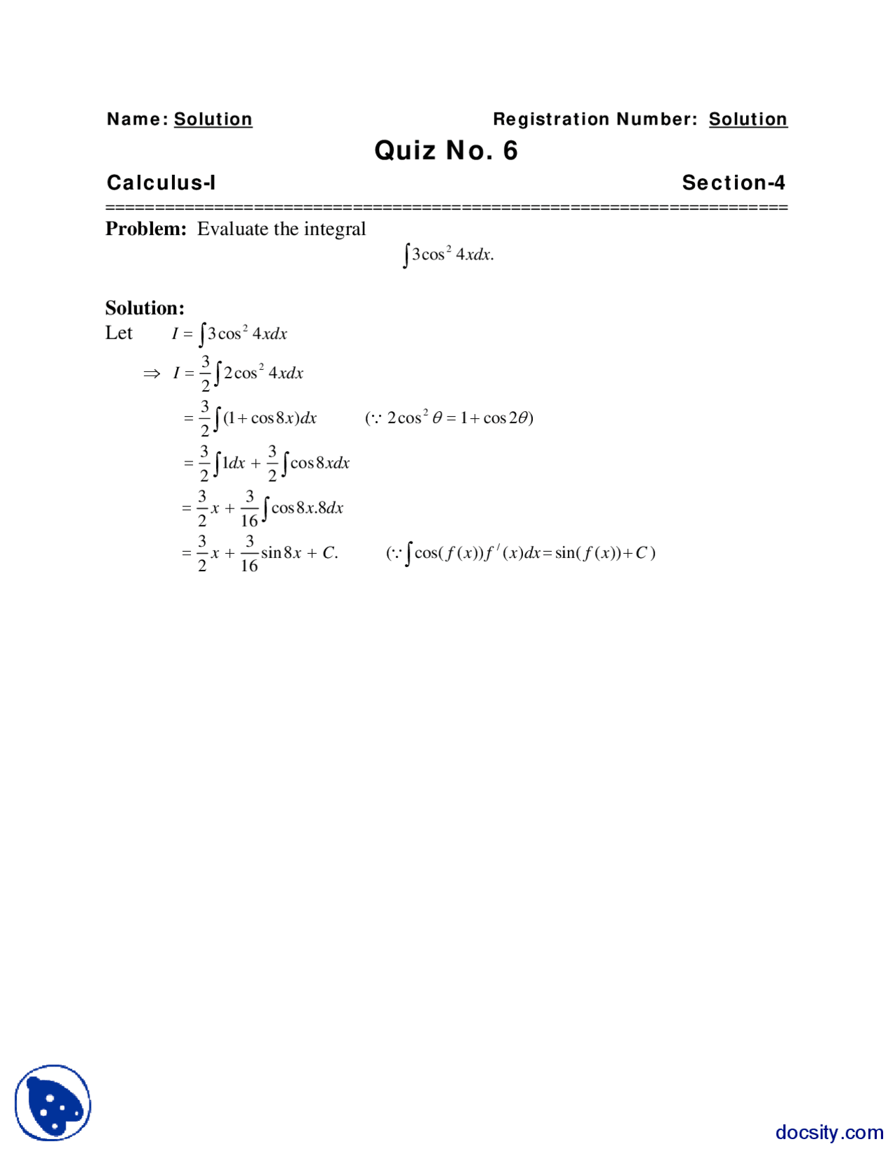 Integrals 2 Calculus Quiz Solution Docsity