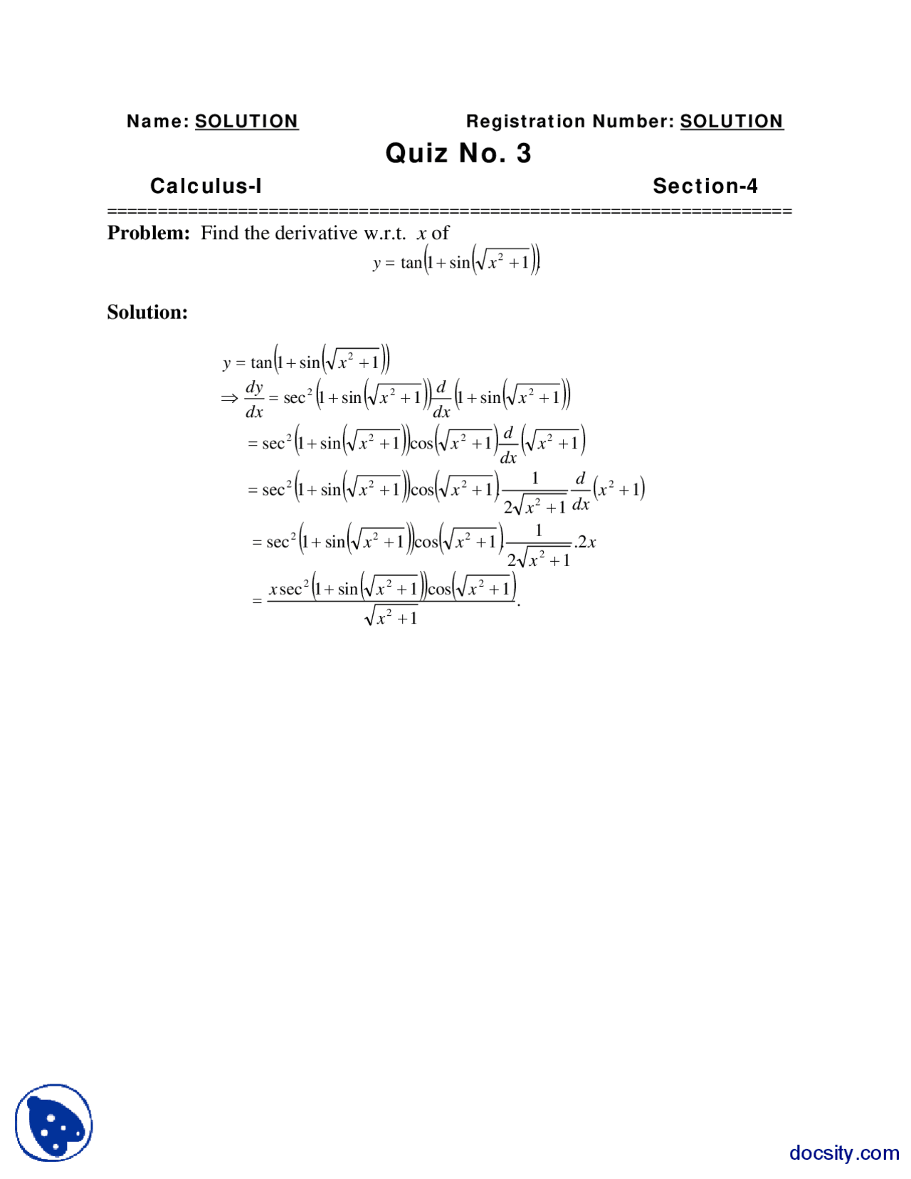 Derivatives 3 Calculus Quiz Solution Docsity