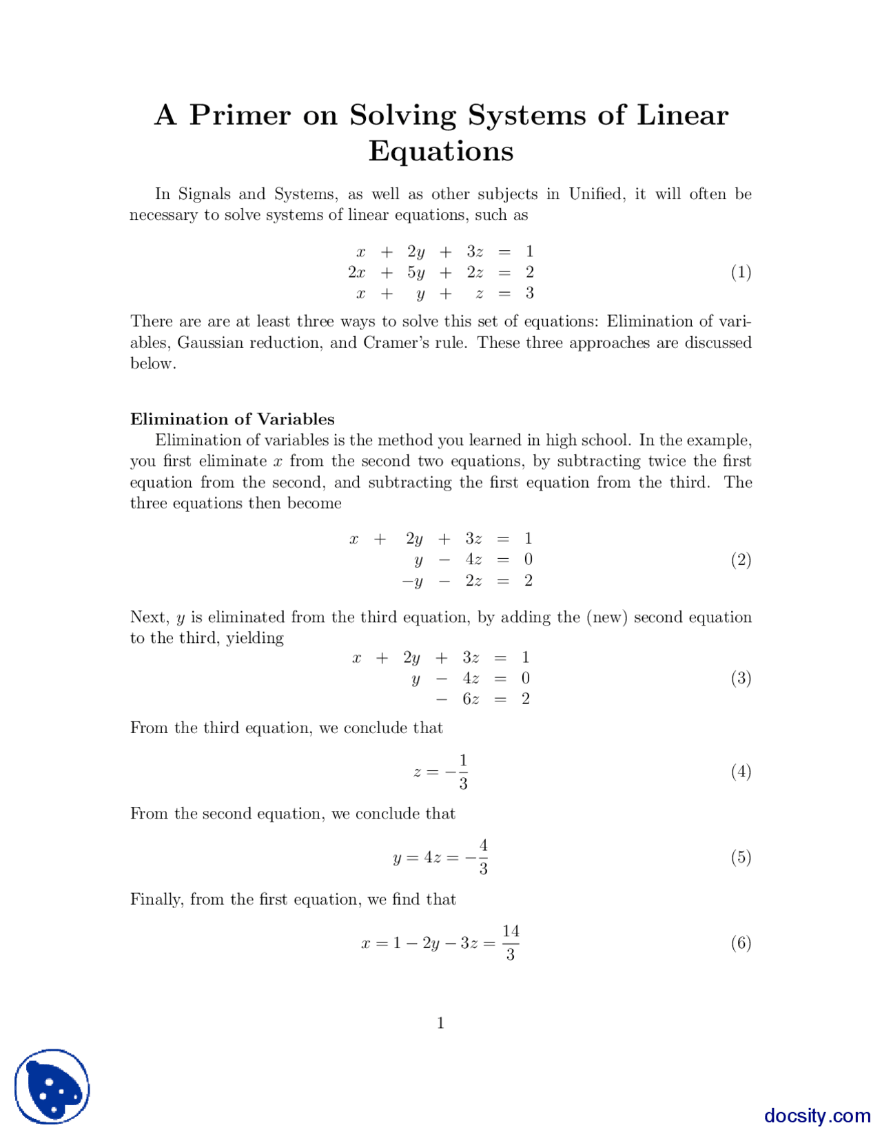 A Primer On Solving Systems Of Linear Algebra Signal And System Theory