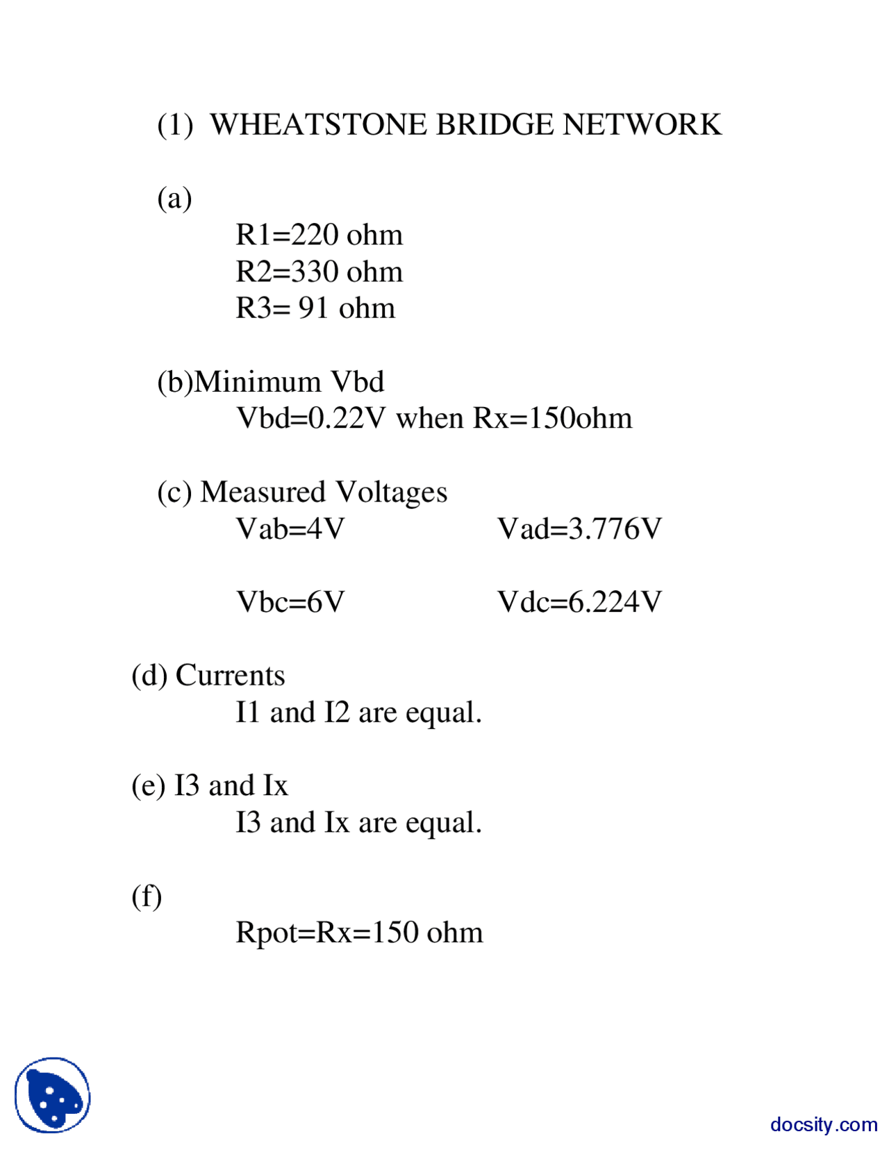 Wheatstone Bridge Network-Electrical Circuit Analysis-Lab Handout - Docsity