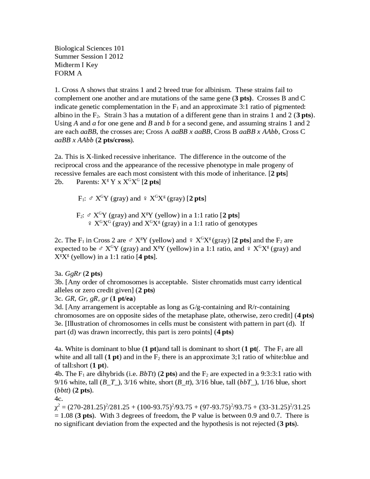 Genes And Gene Expression Form A B Test Key Bis 101 Docsity