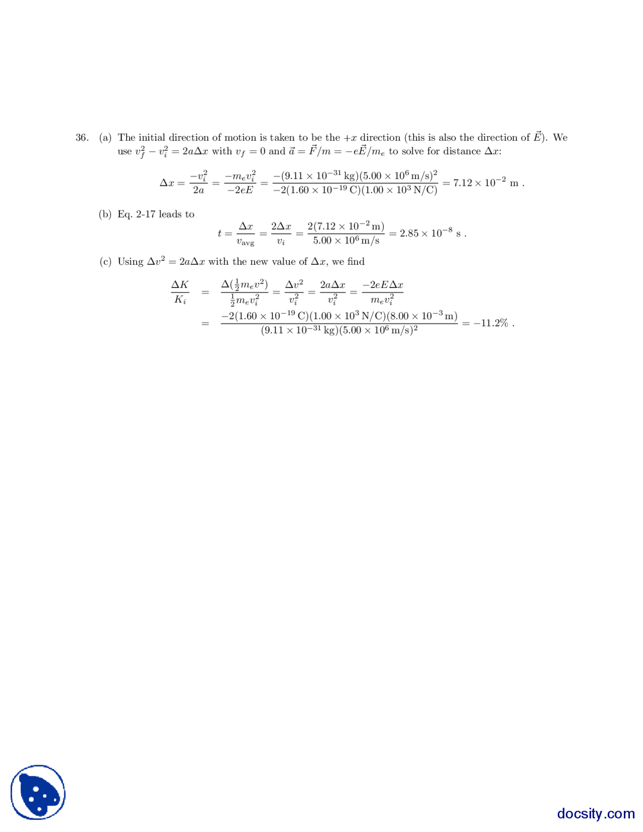 The Initial Direction of Motion: Electric Field Problem with Solution - Docsity